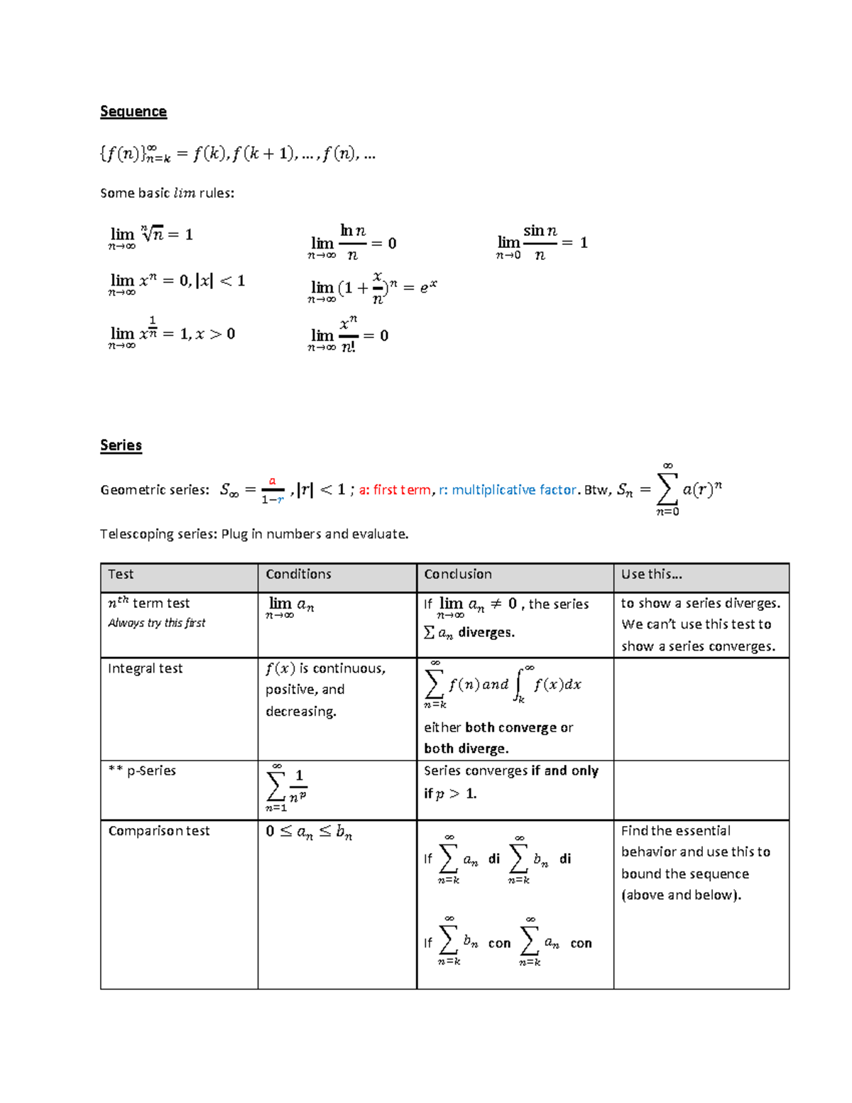 Calculus Series Notes - Sequence and Limit Tests - Studocu