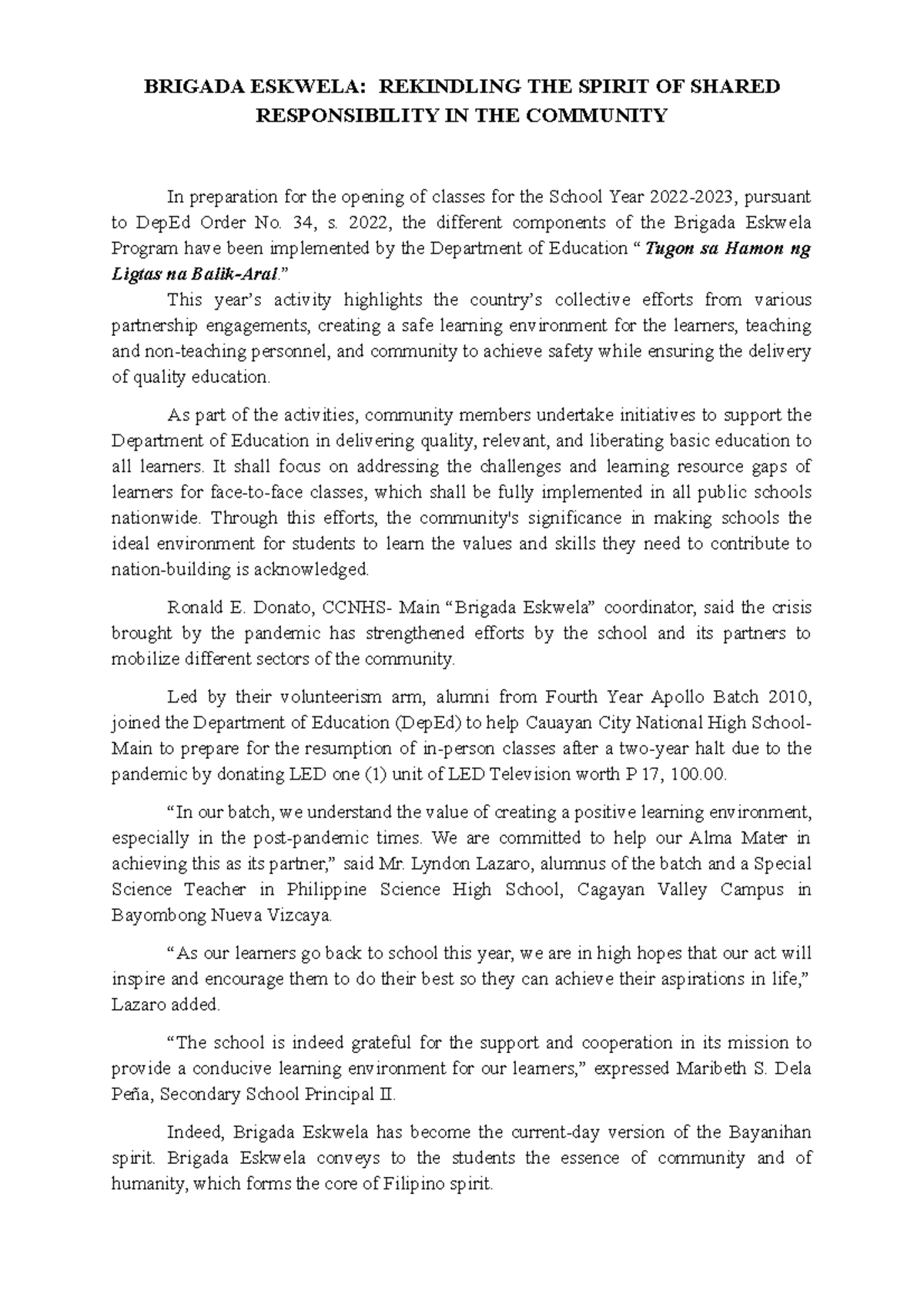 BE 2022 Write UP - BRIGADA ESKWELA: REKINDLING THE SPIRIT OF SHARED RESPONSIBILITY IN THE ...