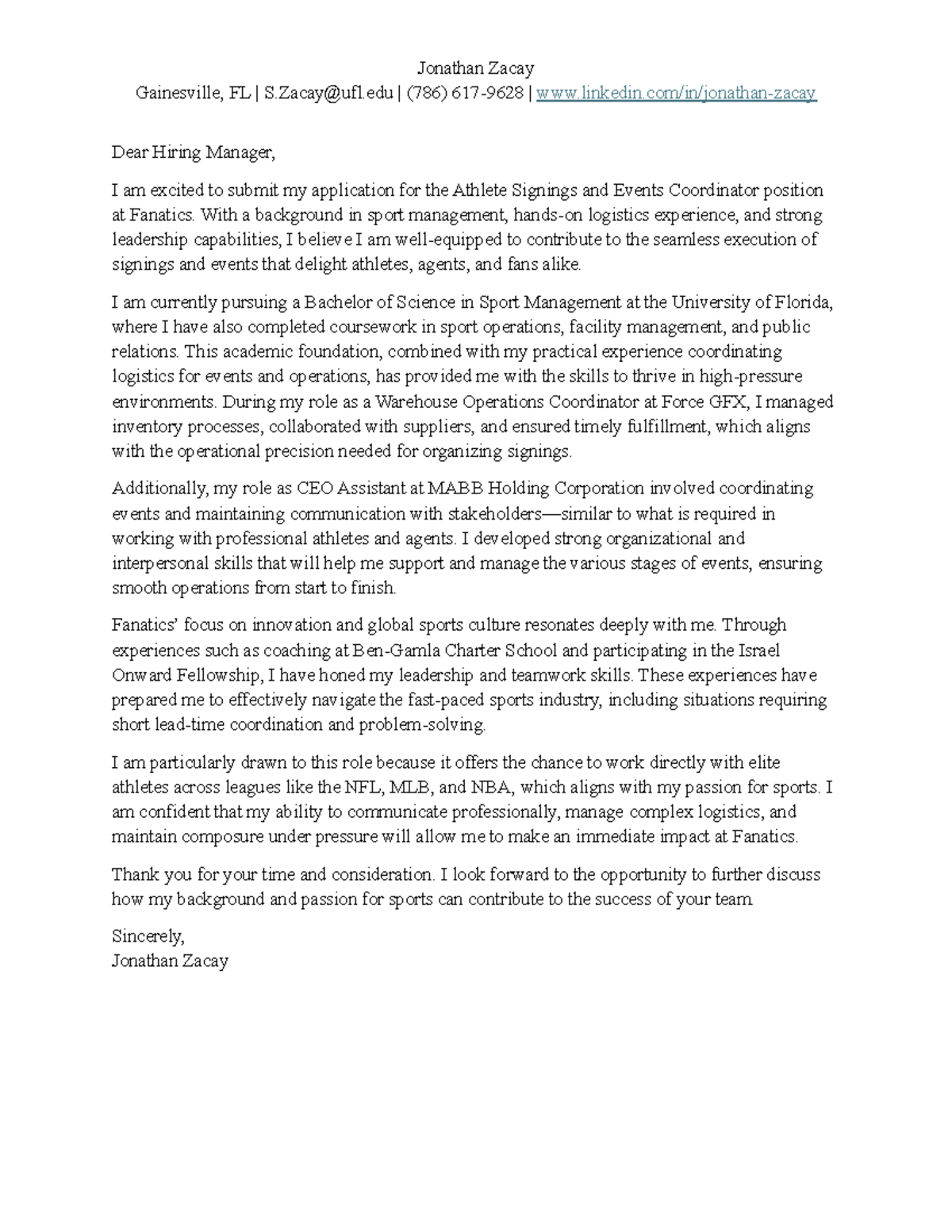 Cover letter Fanatics - ddddsjn - Jonathan Zacay Gainesville, FL | S ...