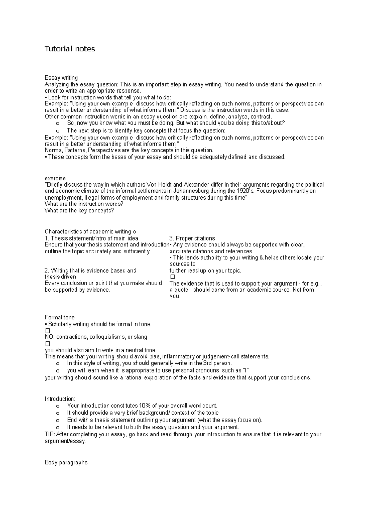 Tutorial Notes on Essay Writing Techniques and Referencing - Studocu