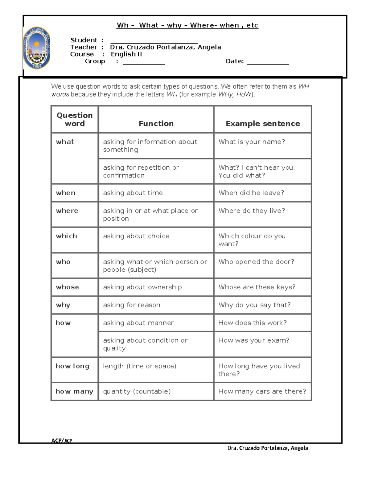 English II: WH Question Words Practice Notes - Studocu