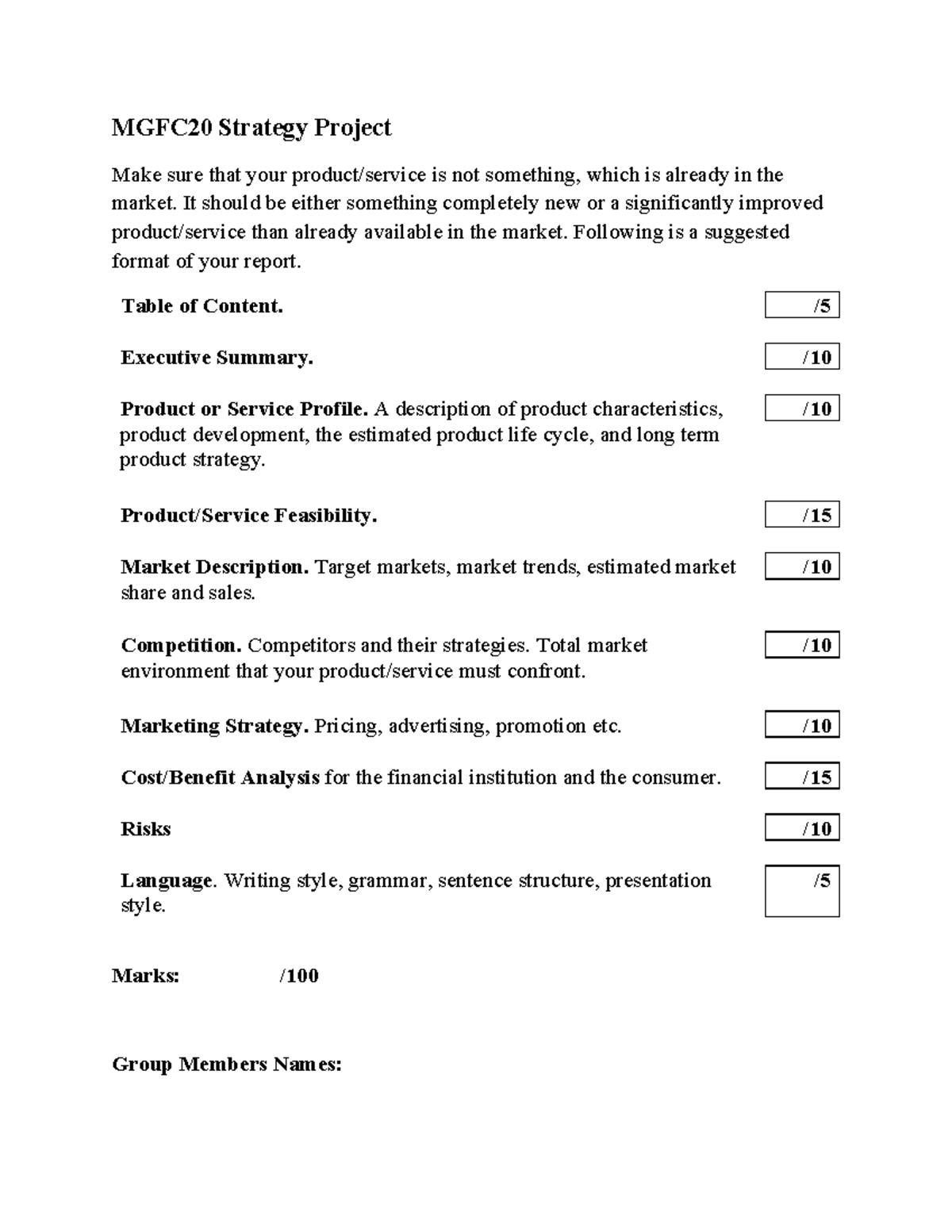 MGFC20 Strategy Project Report & Marking Scheme Overview - Studocu
