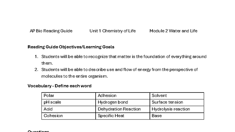 AP Bio RG Unit 1: Chemistry of Life - M2 Water & Life Guide - Studocu