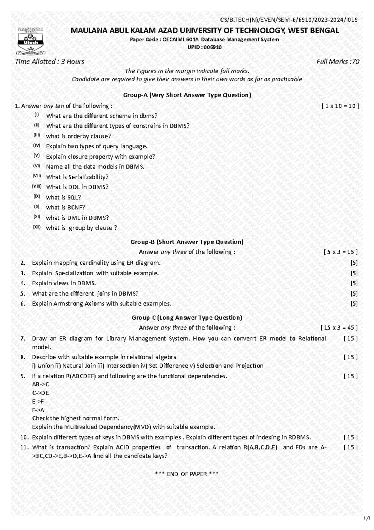 CSE(AIML) 6th Sem 2023-24: Database Management & Machine Learning Exam ...