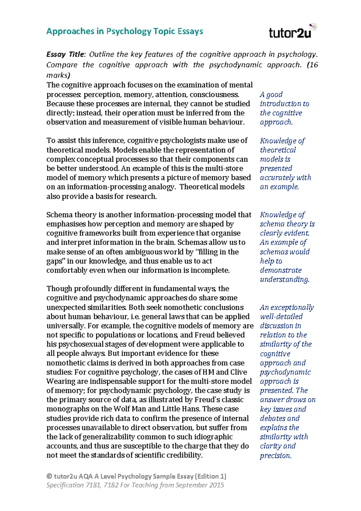 04.7 Psychology Essay: Comparing Cognitive & Psychodynamic Approaches ...