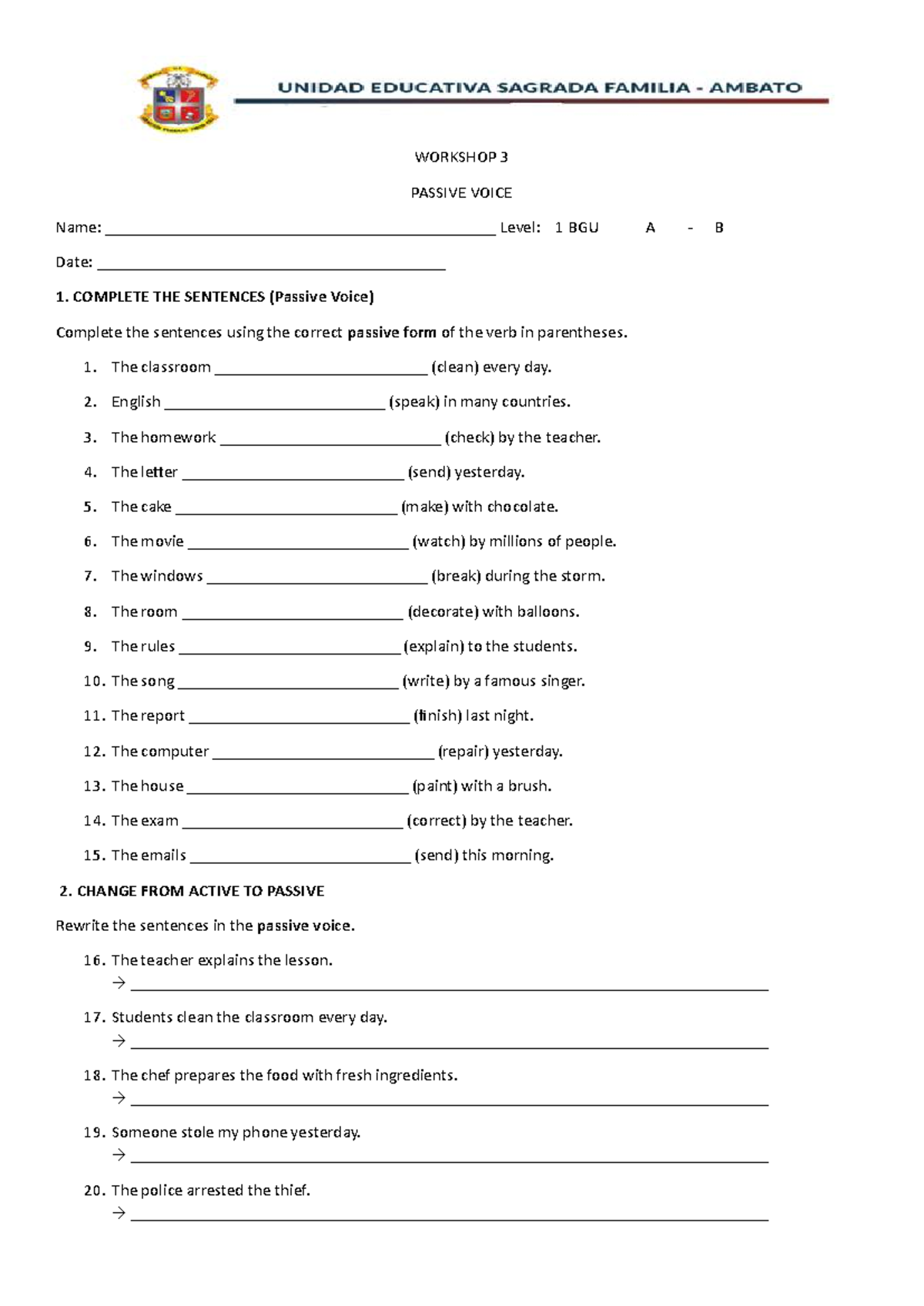 Workshop 3: Passive Voice Exercises and Activities - Studocu