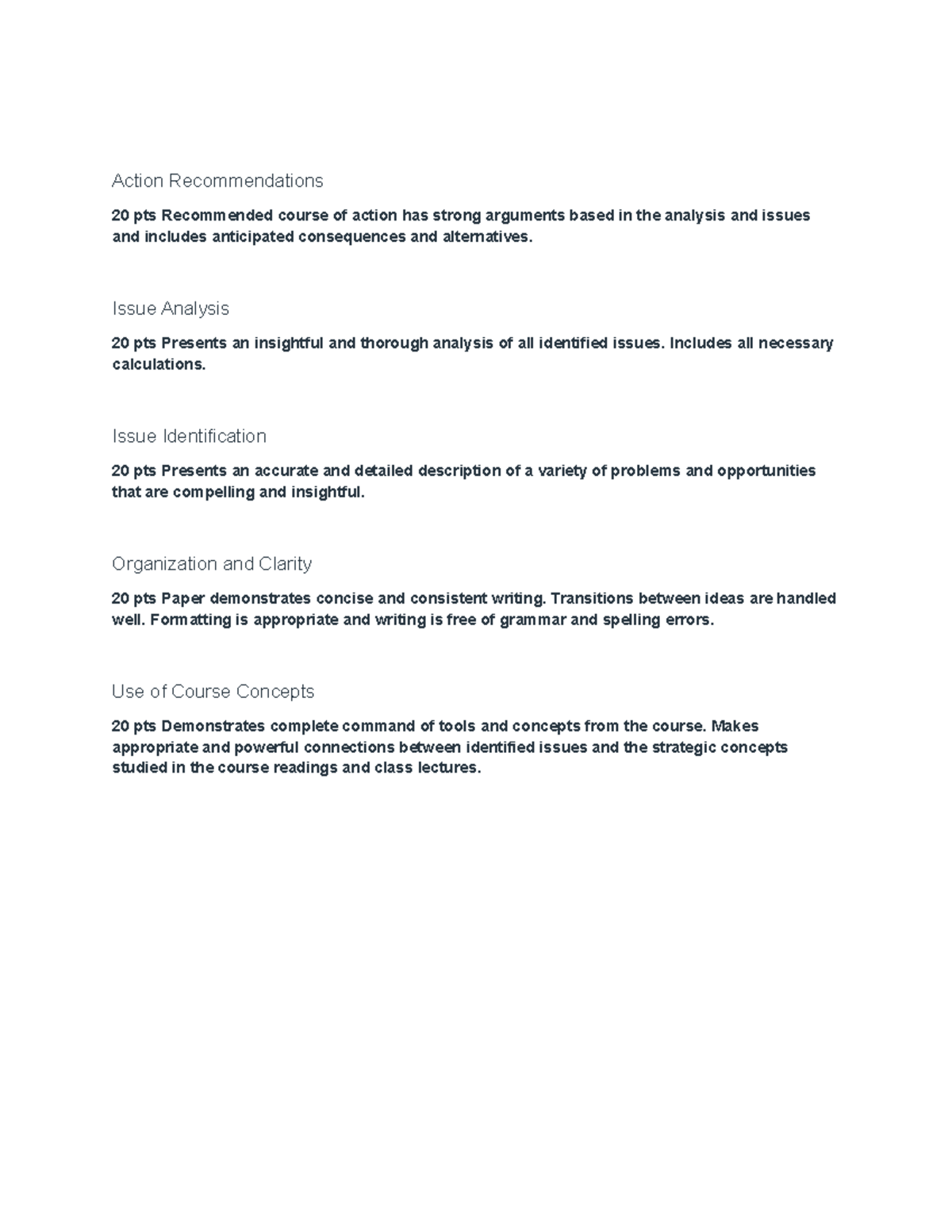 Marketing Assignment Rubric: Action Recommendations & Analysis - Studocu