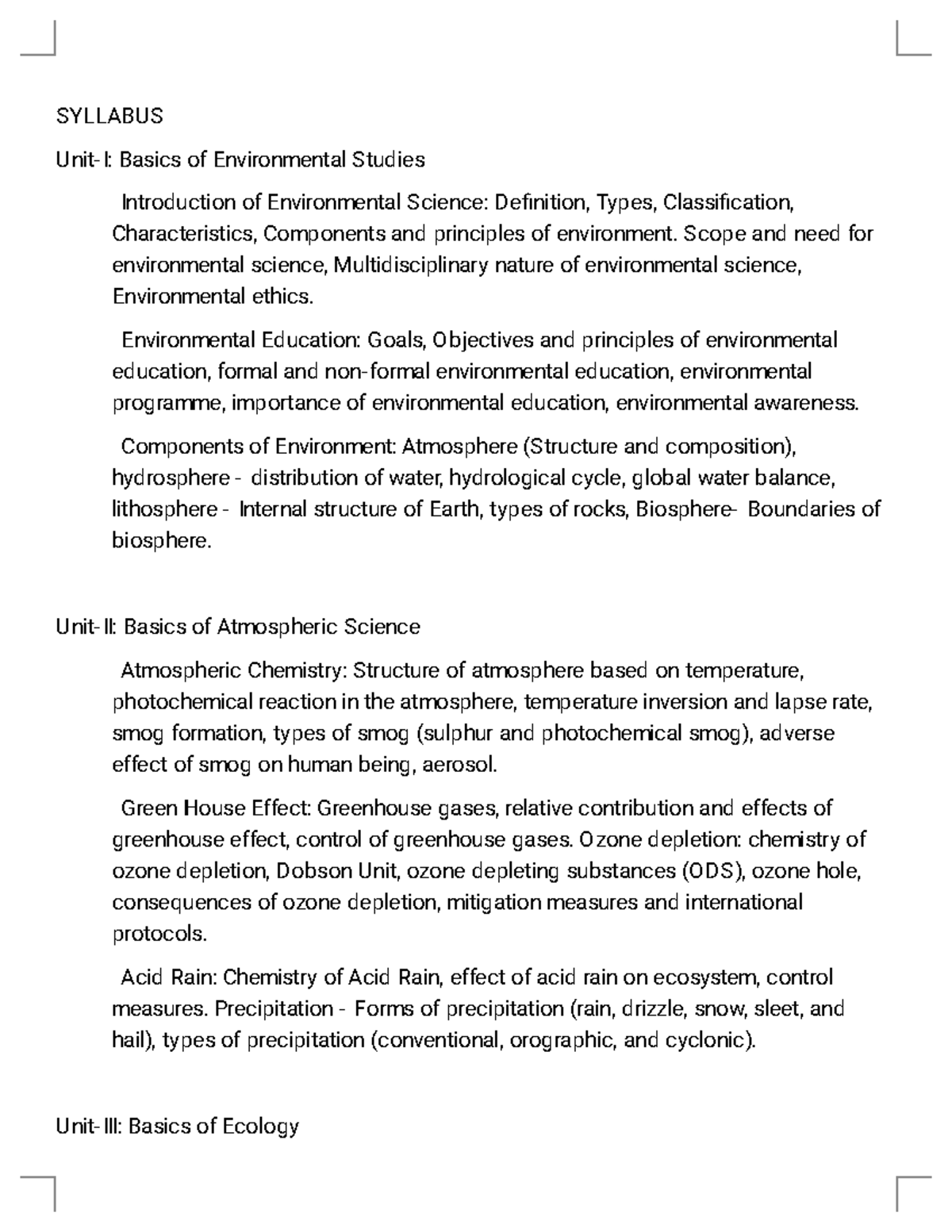 SYLLABUS I: Environmental Studies Overview and Key Concepts - Studocu