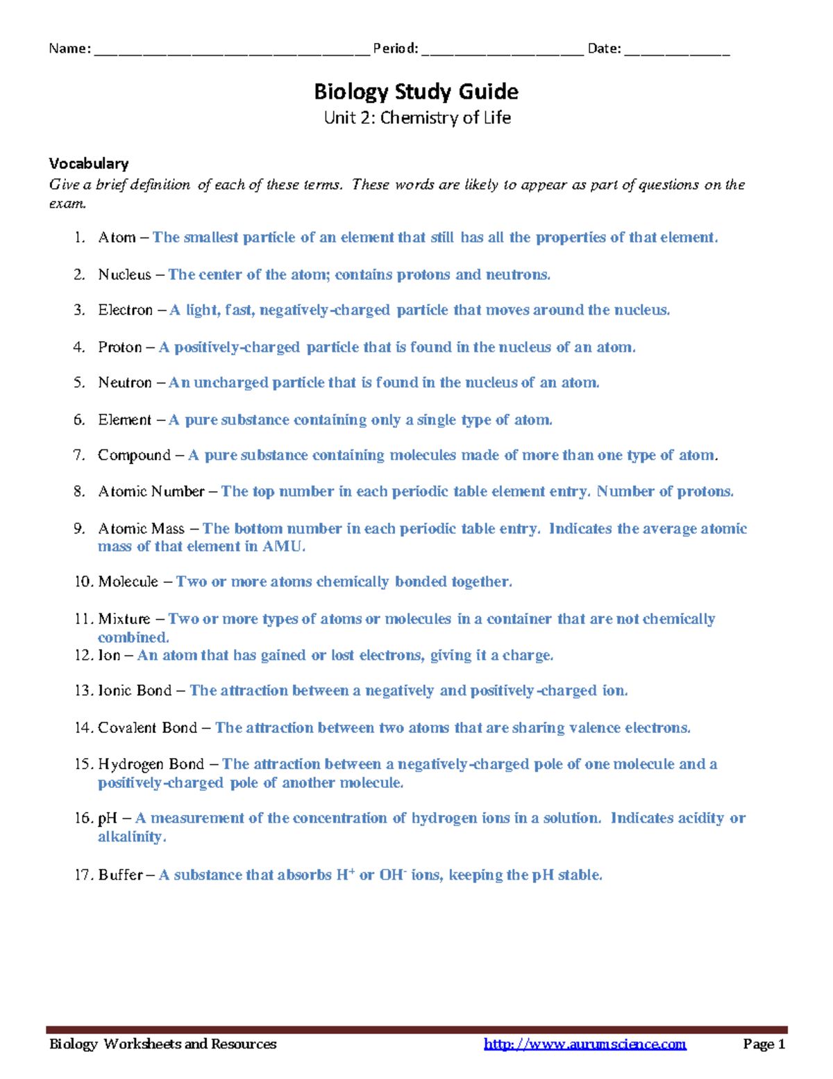 02 - Chemistry of Life Study Guide (Final Exam Answer Key) - Studocu