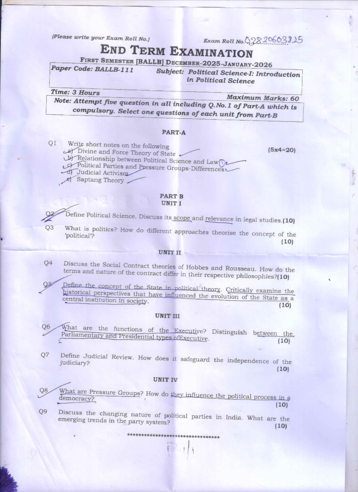 Ballb-111 End Term Exam: Political Science Overview & Questions - Studocu