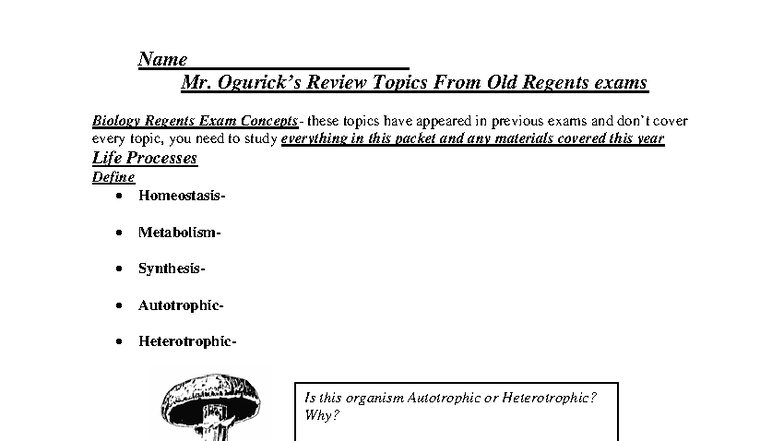 Biology Regents Exam Review Packet 2019: Key Topics & Concepts - Studocu