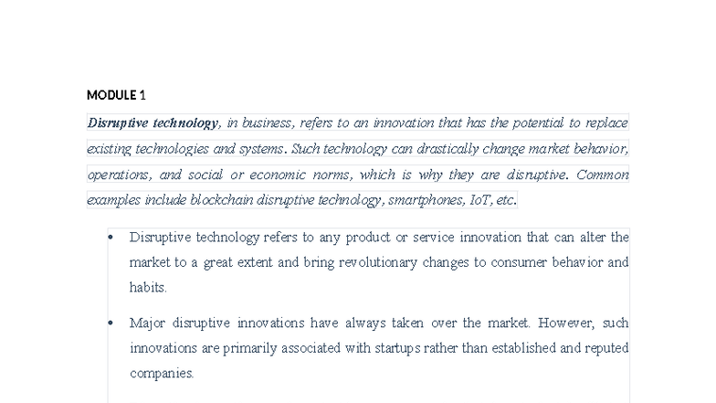 MODULE 1: Understanding Disruptive Technology in Business - Studocu