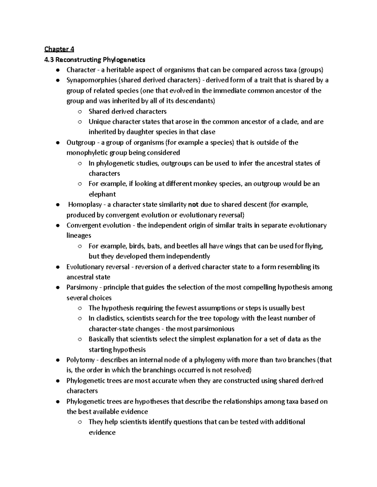 Chapter 4 Notes: Phylogenetics and Evolutionary Transitions - Studocu