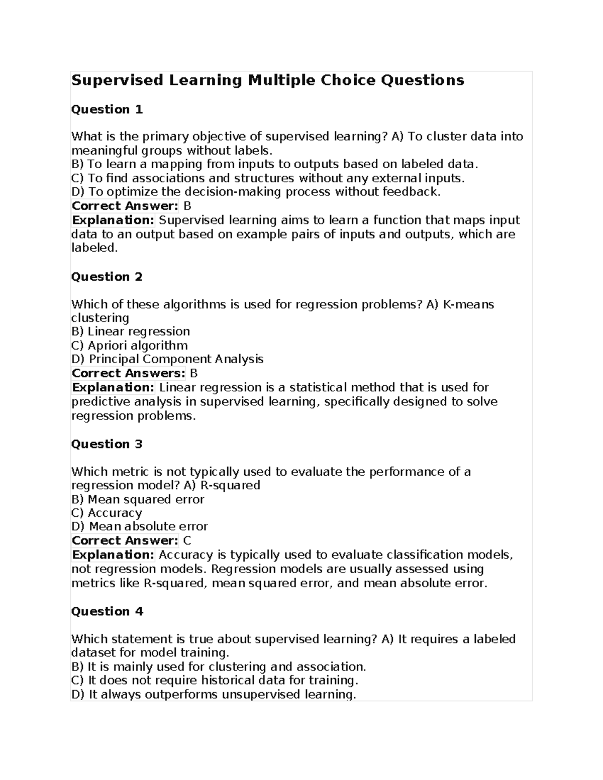 Supervised Learning MCQs: Comprehensive Overview for Exam 2 - Studocu