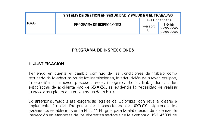 PROGRAMA DE INSPECCIONES EN SEGURIDAD Y SALUD EN EL TRABAJO COD: LOGO ...