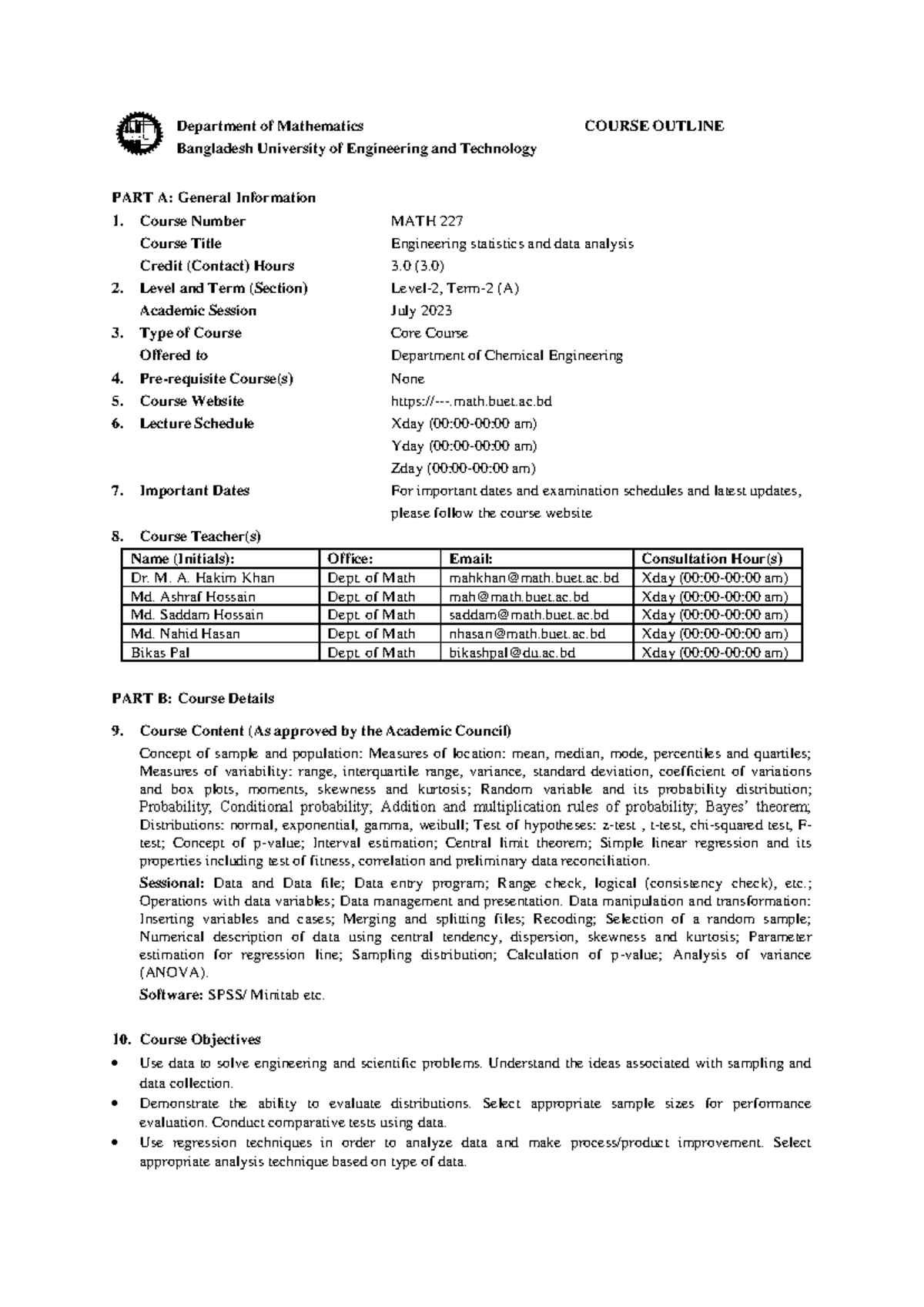 MATH 227 - Engineering Statistics & Data Analysis Course Outline - Studocu