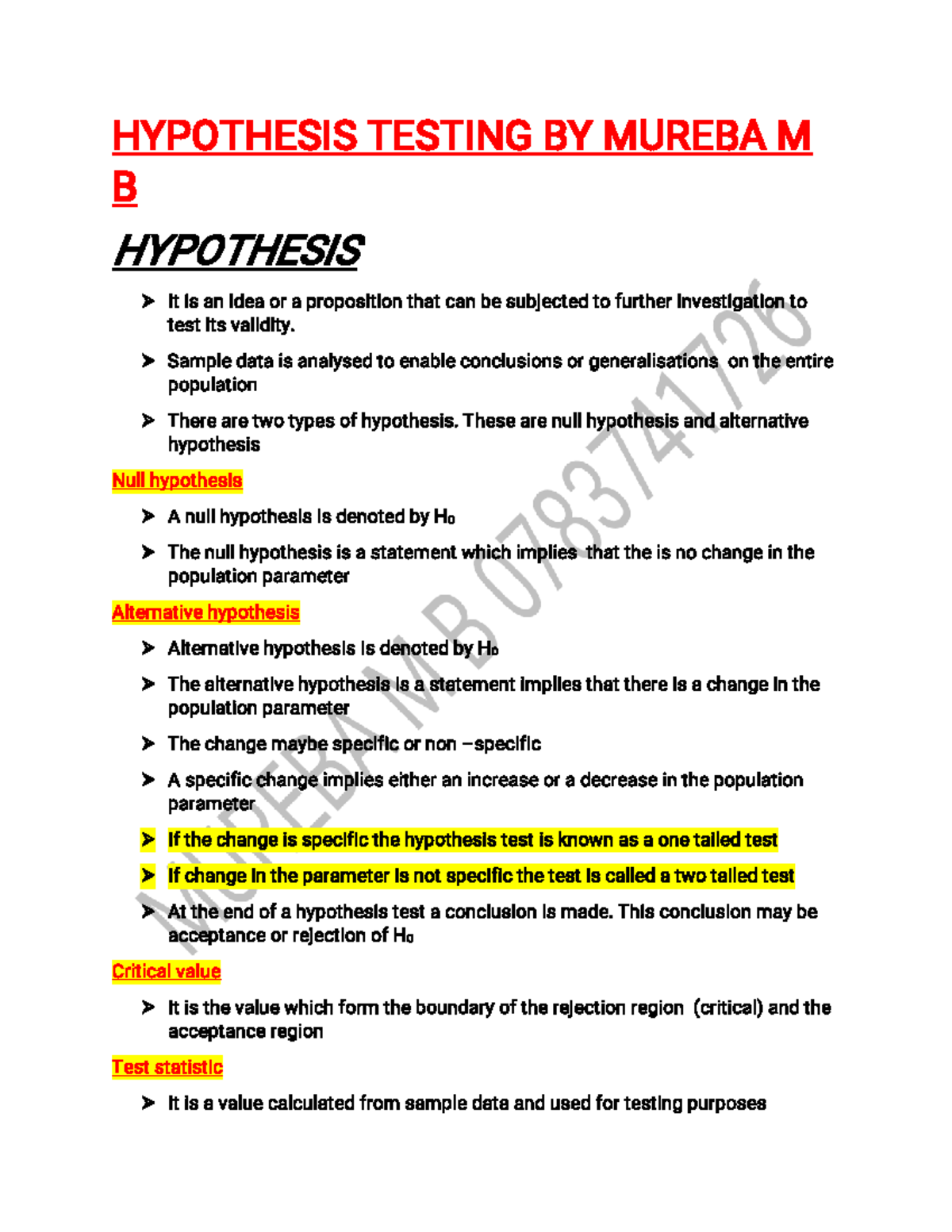 Hypothesis Testing Overview for MUREBA MB - Studocu