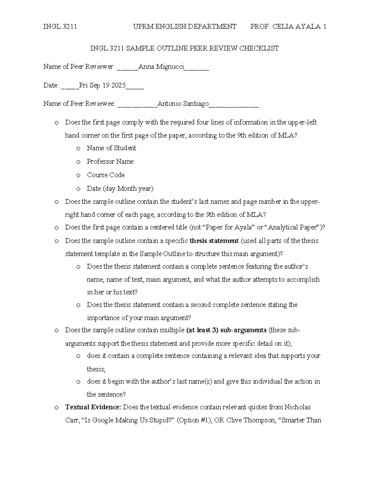 INGL 3211 Sample Outline Peer Review Checklist - Studocu