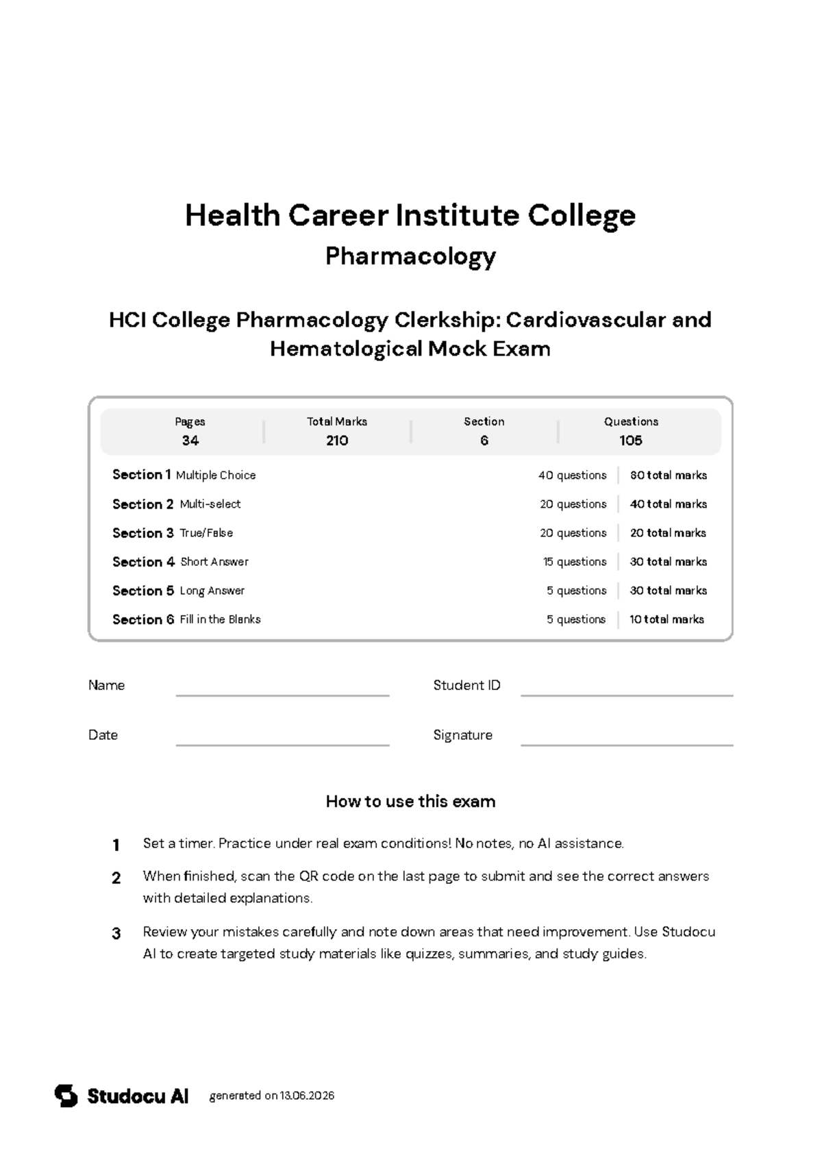 HCI College Pharmacology Clerkship: Cardiovascular Mock Exam - Studocu