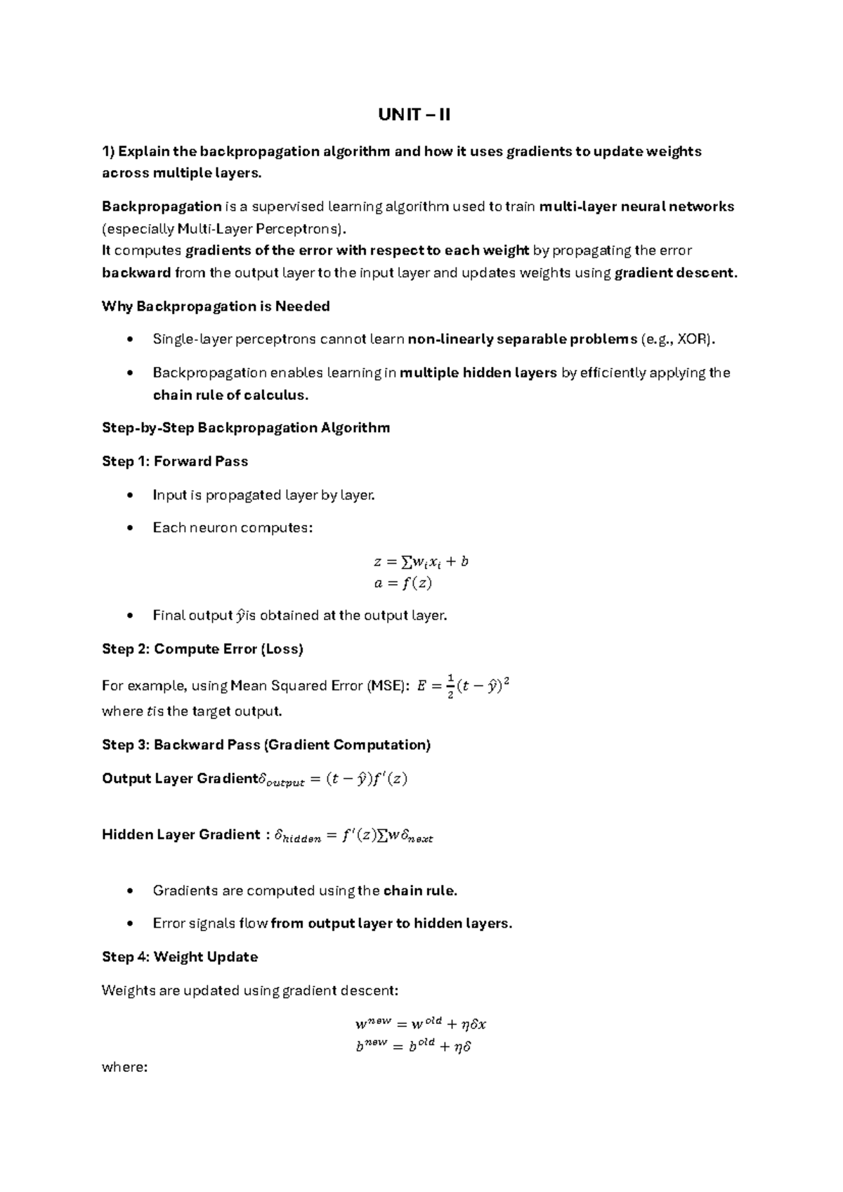 DL Unit II: Backpropagation, MLPs, and Regularization Techniques - Studocu
