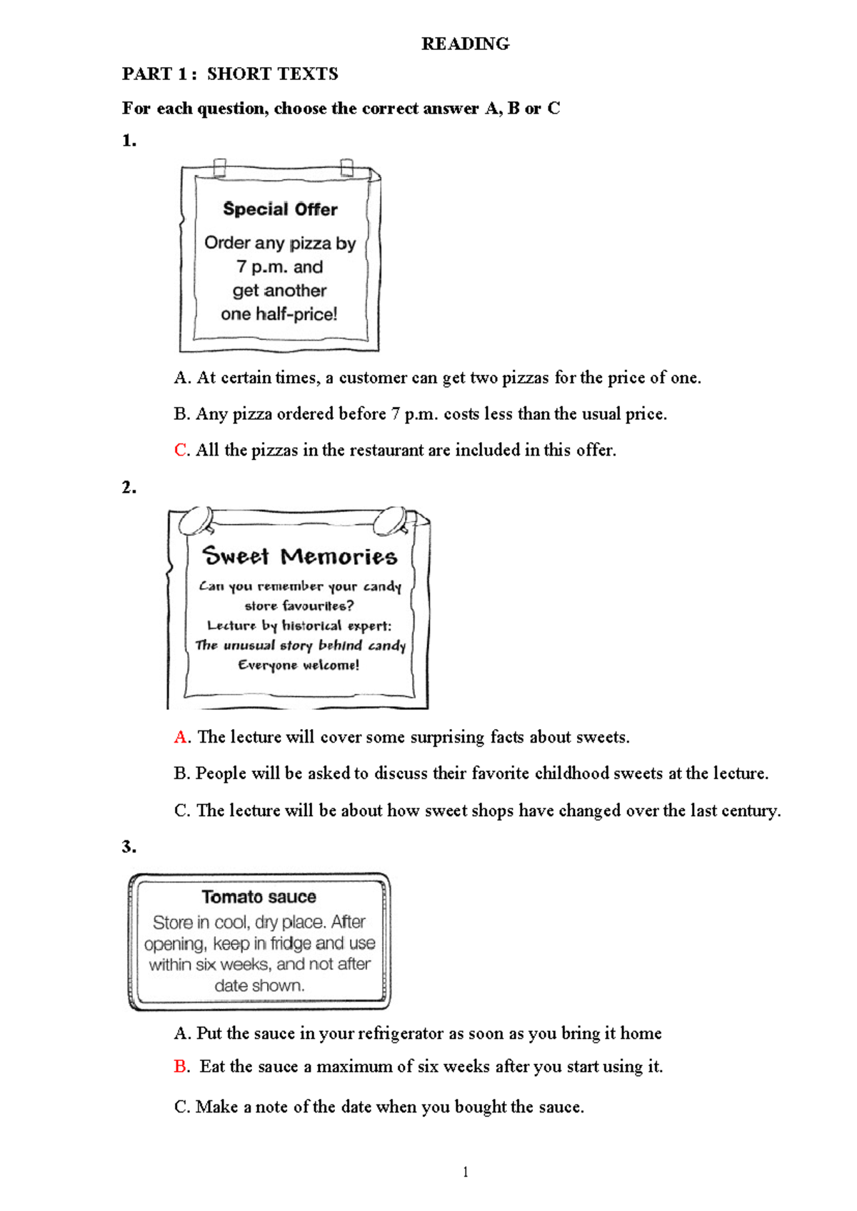 Reading Part 1: Short Texts - Practice Questions and Answers - Studocu