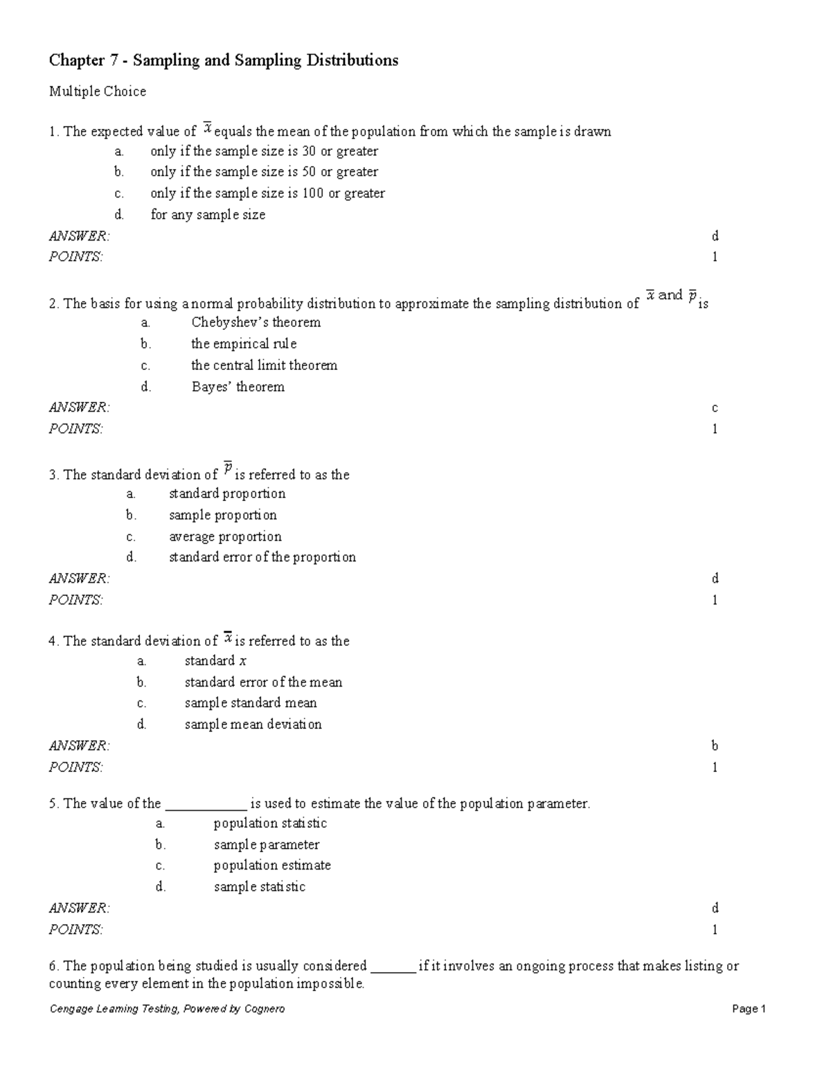 Chapter 7 Sampling and Sampling Distributions - Multiple Choice 1. The ...