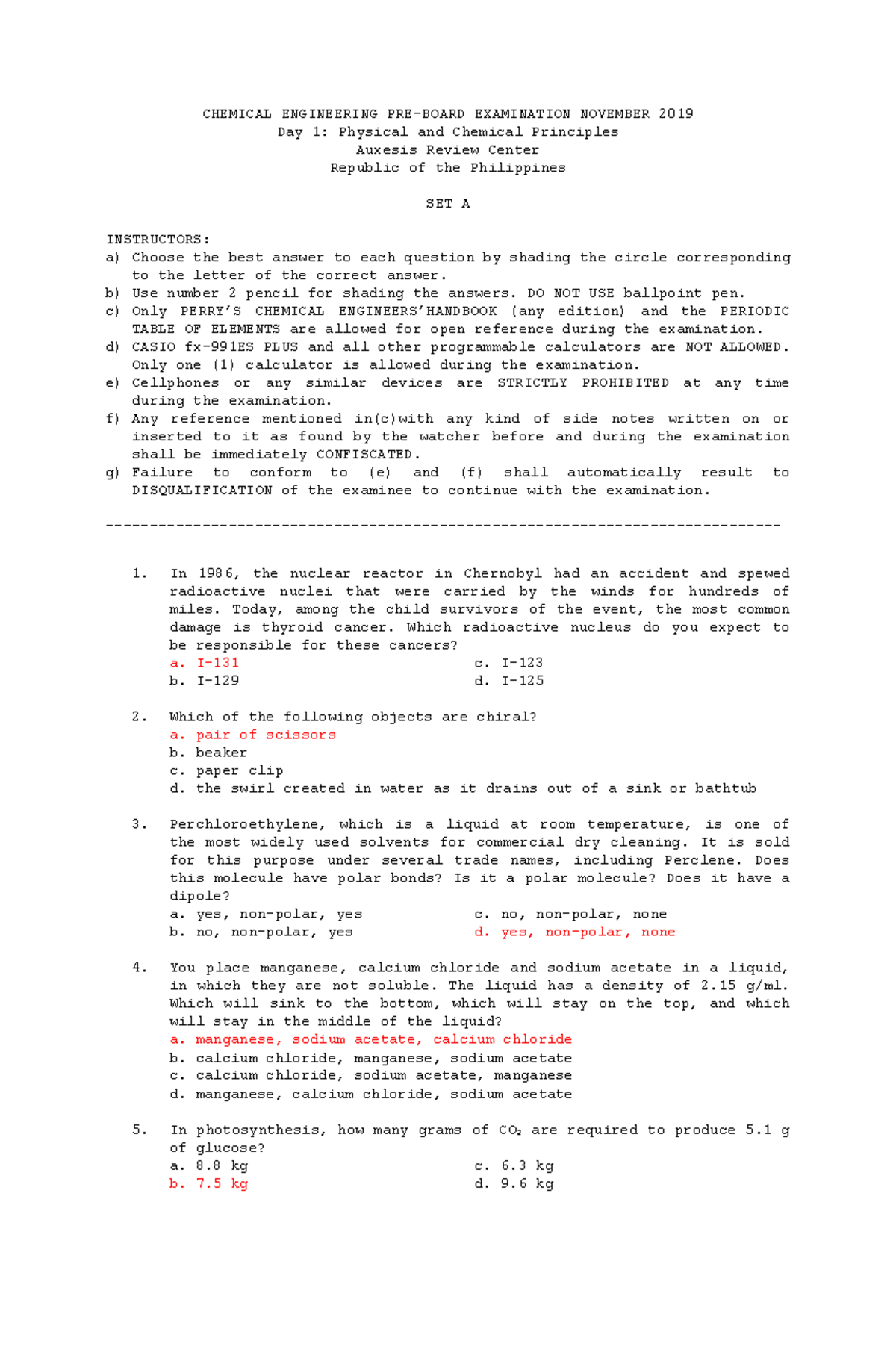 Sample/practice exam 2020, questions and answers - CHEMICAL ENGINEERING ...