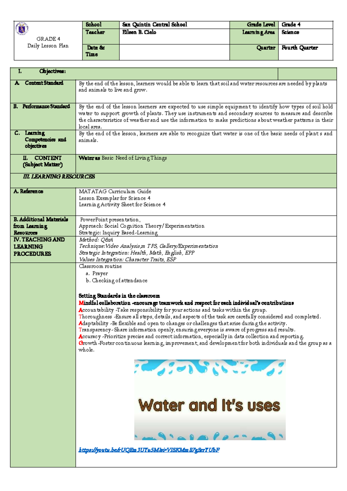 Q4 COT DLP Science 4: Water as a Basic Need for Living Things - Studocu
