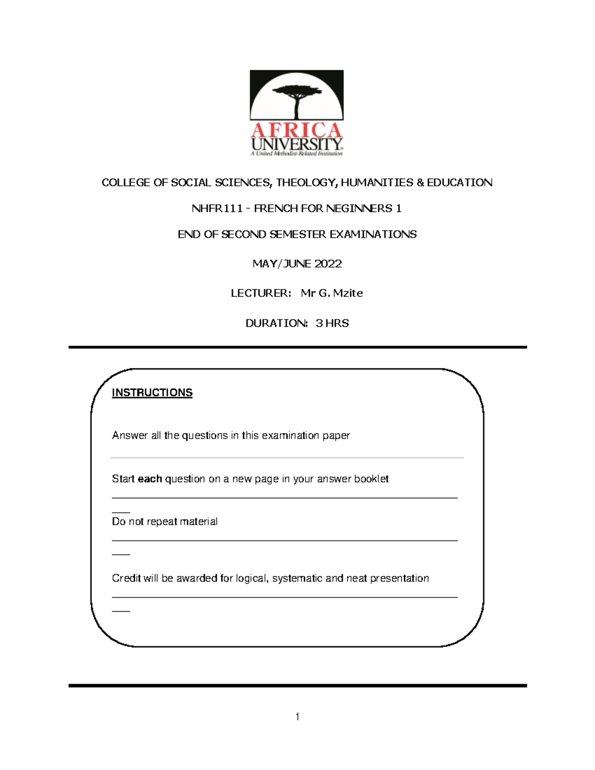 NHFR111 - French for Beginners Final Exam Past Paper May/June 2022 ...