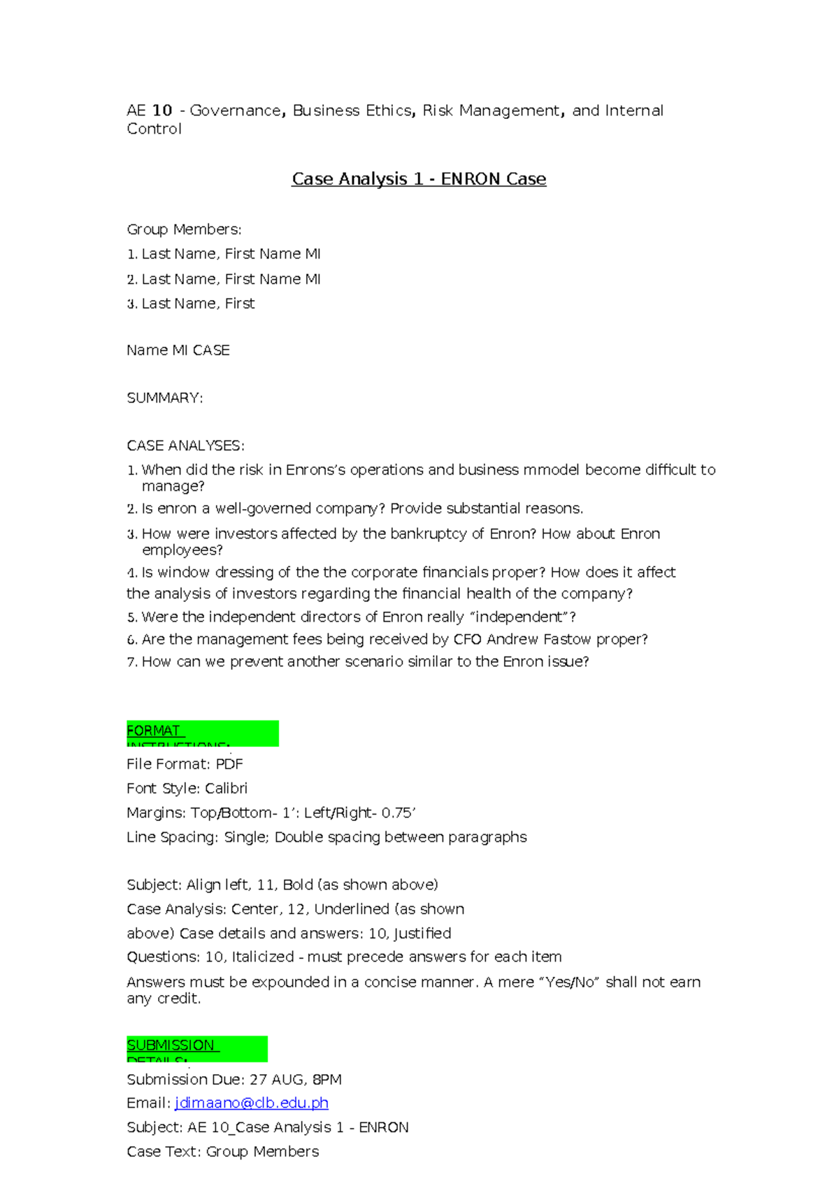AE 10 Case Analysis 1: Governance & Ethics in the Enron Scandal - Studocu