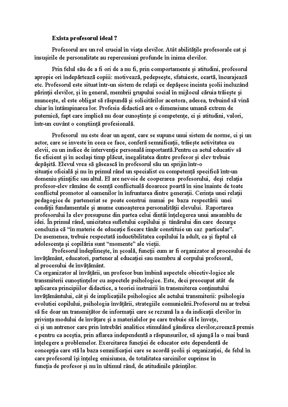 Profesorul Ideal: Reflecții asupra Meseriei Didactice - Eseu - Studocu