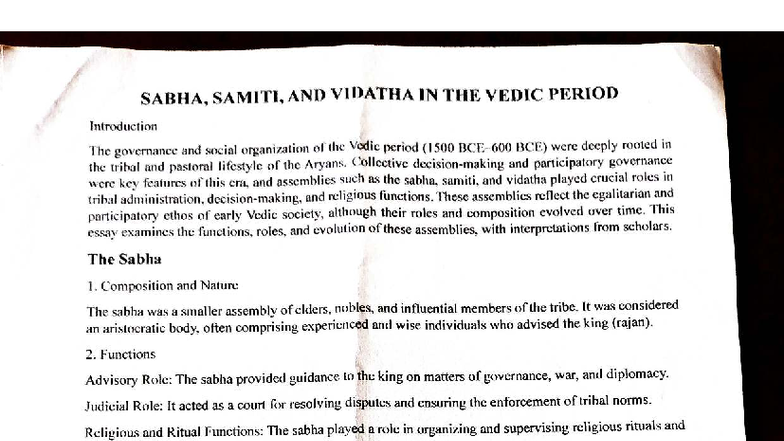 SABHA, SAMITI, AND VIDATHA IN THE VEDIC PERIOD: An Analysis - Studocu