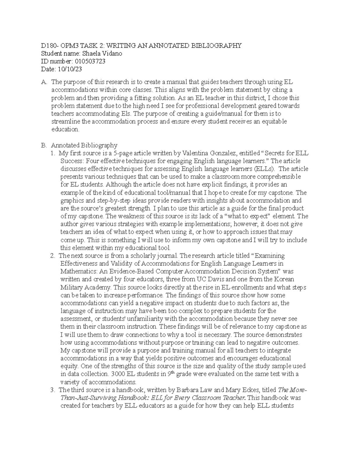 D180 OPM3 Task 2: Annotated Bibliography on ELL Accommodations - Studocu