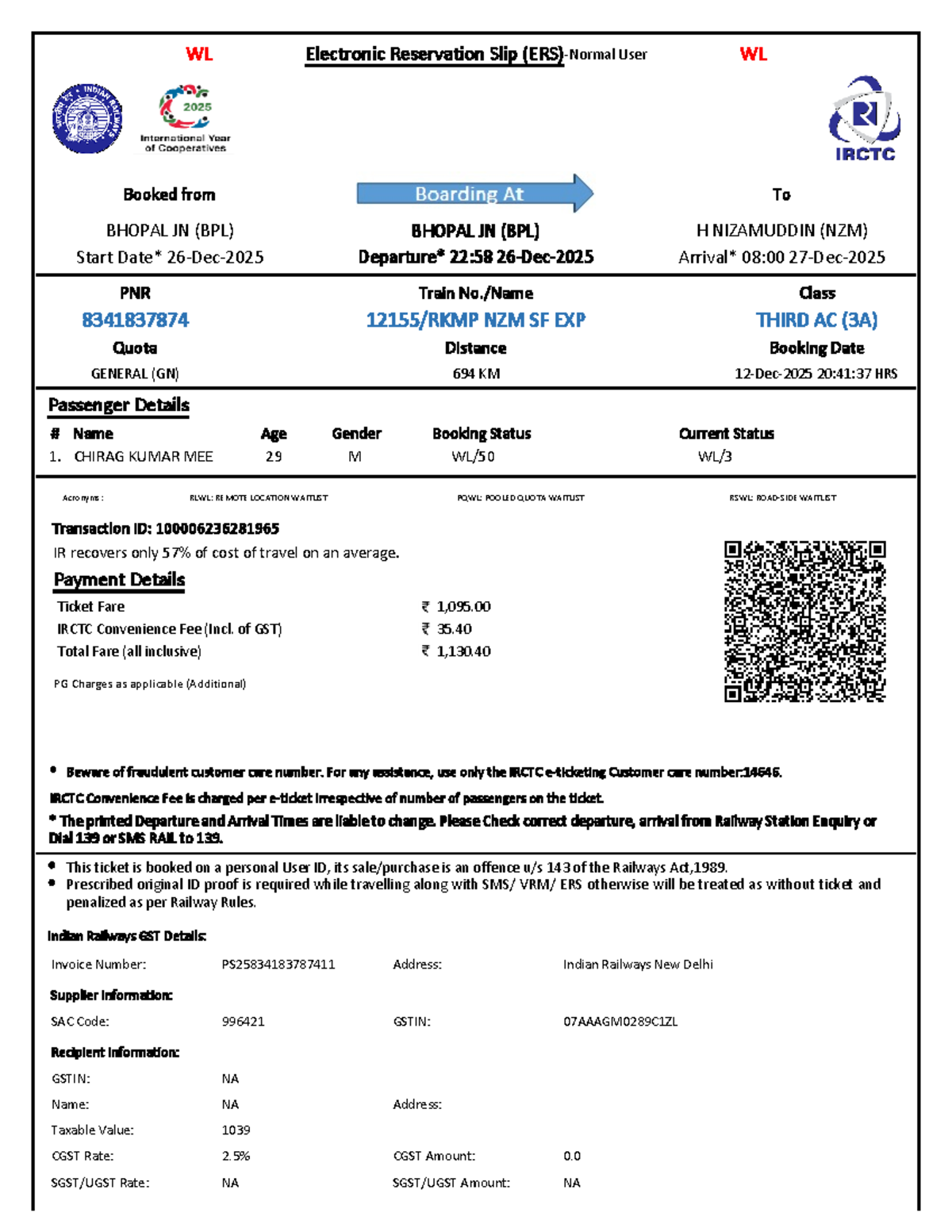 WL Electronic Reservation Slip User Guide for Train 8341837874 - Studocu