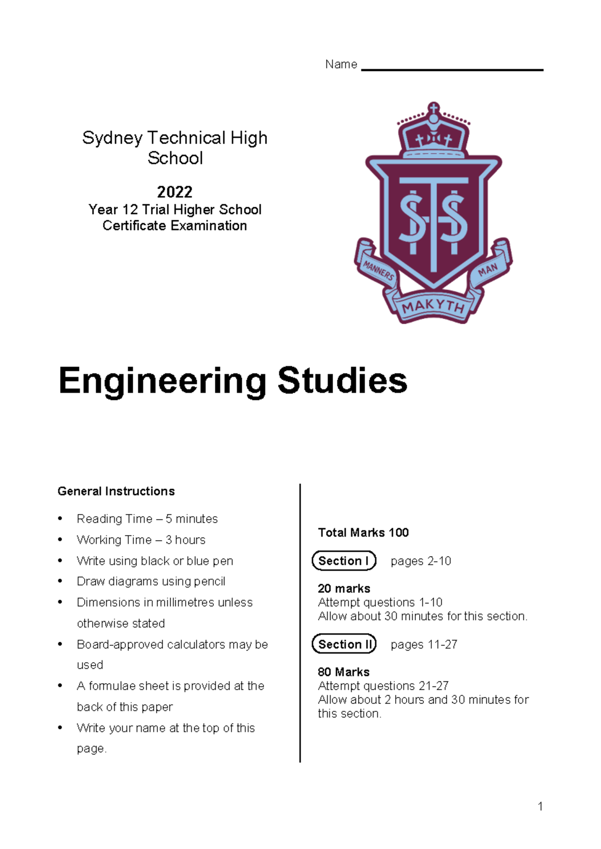 2022 Sydney Tech Year 12 Trial HSC Exam - Engineering Studies - Studocu