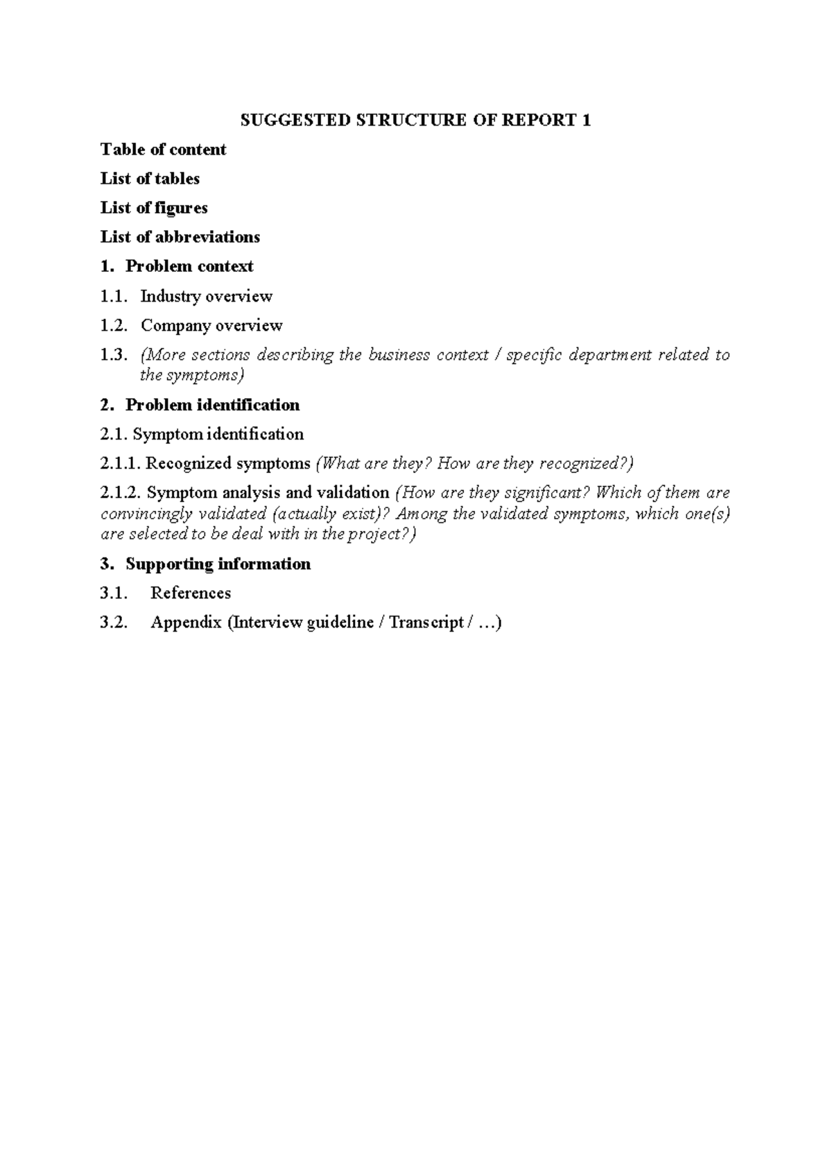 Suggested structure Report 1 - SUGGESTED STRUCTURE OF REPORT 1 Table of ...