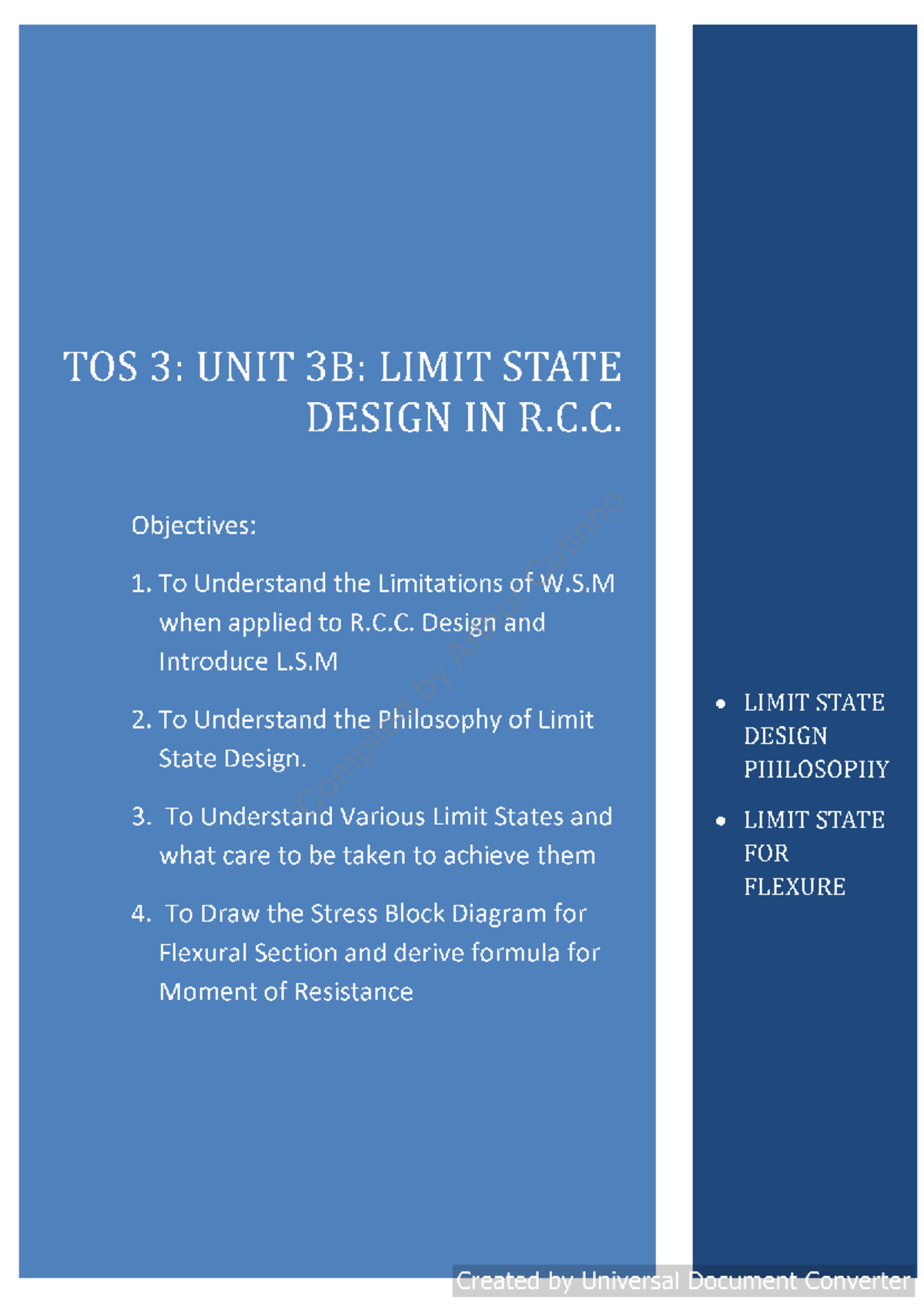 TOS 3: Unit 3B - Limit State Design Principles in R.C.C. - Studocu