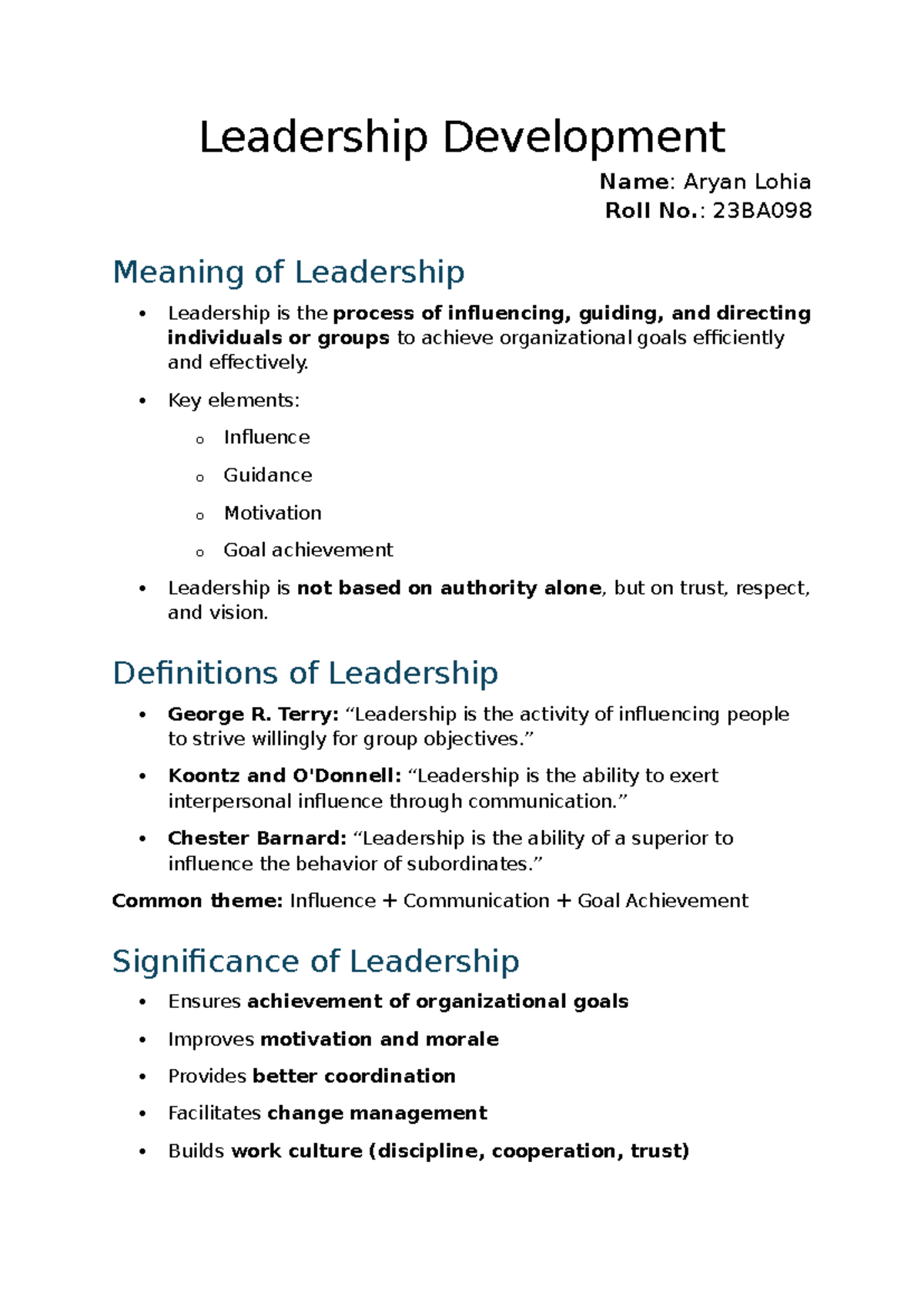 Leadership Development Notes (Unit 1) - Studocu