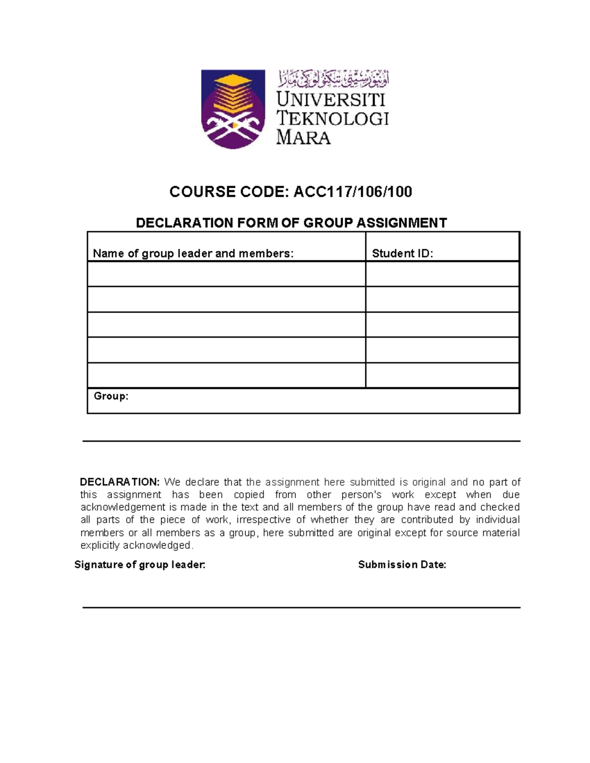 ACC117/ACC106/ACC100 Group Assignment Declaration Form - Studocu