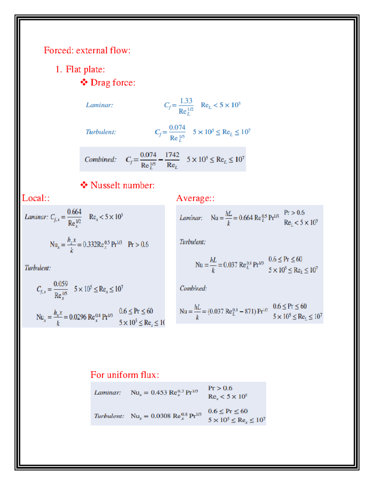 ورقة قوانين مادة انتقال حراة و كتلة - Forced: external flow: 1. Flat plate: Drag force: Nusselt ...