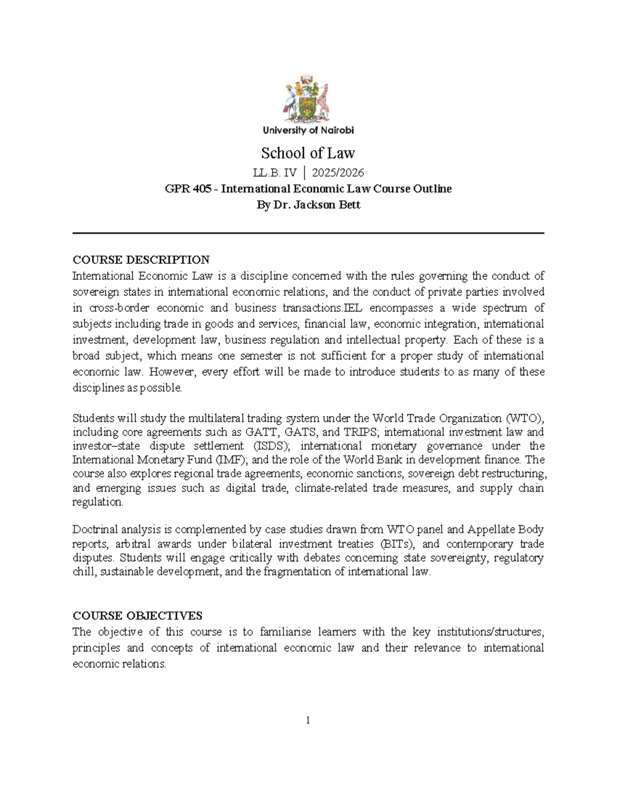 International Economic Law Course Outline GPR 405 - LL.B. IV - Studocu