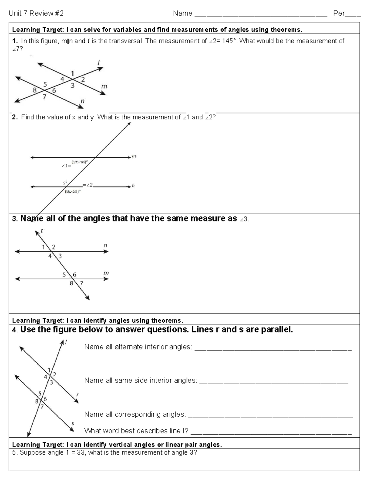 Unit 7 Review #2 - math - Unit 7 Review #2 Name ...