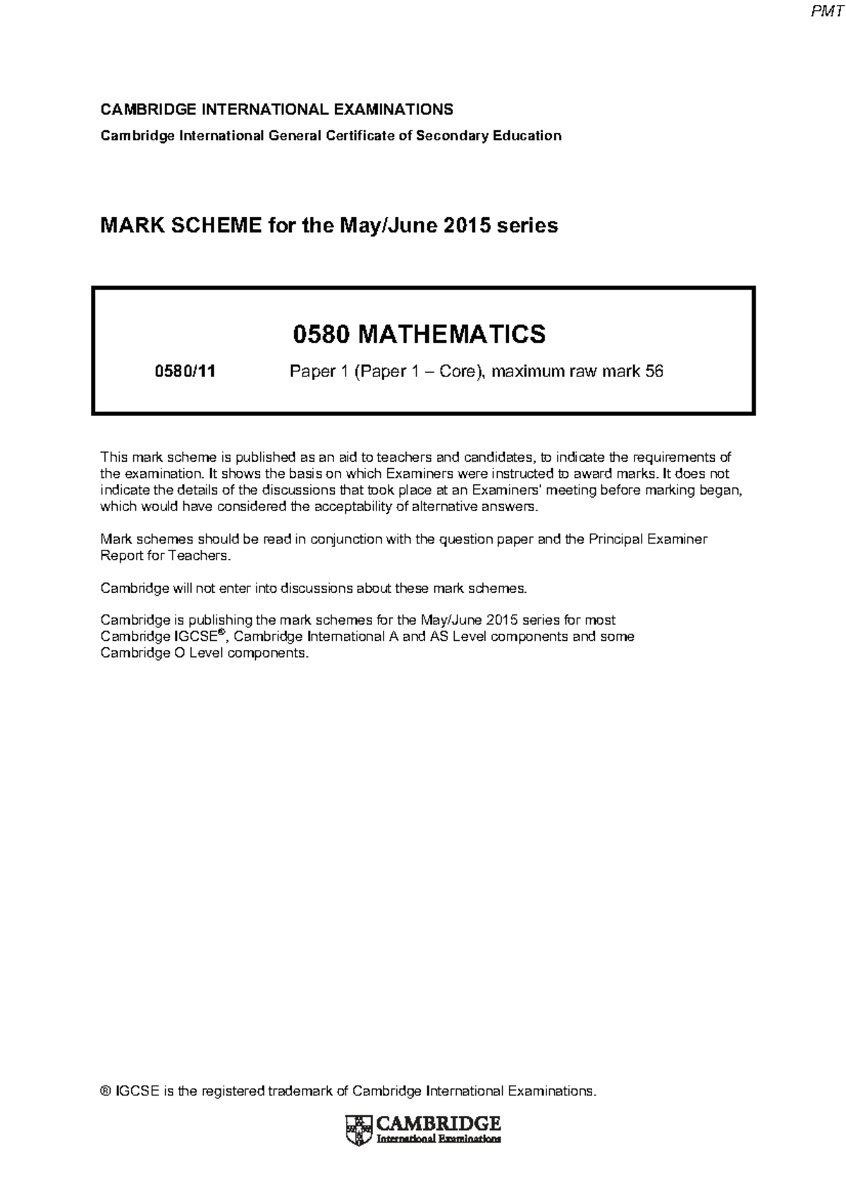 IGCSE 0580 Mathematics Paper 1 Mark Scheme - June 2015 - Studocu