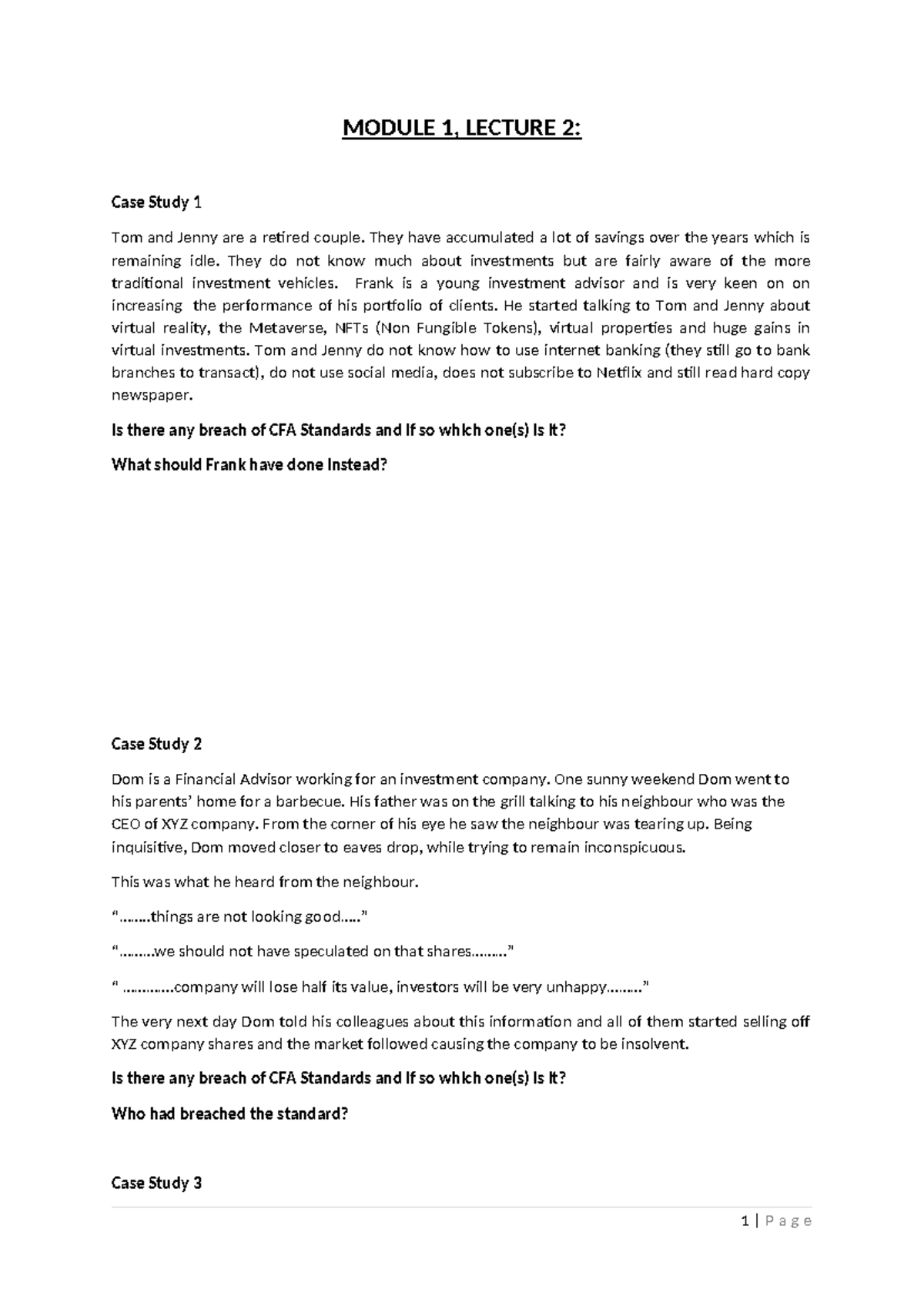 FIN2001 6 Module 1 Lecture 2 CFA Standards Questions(Part1) - MODULE 1 ...