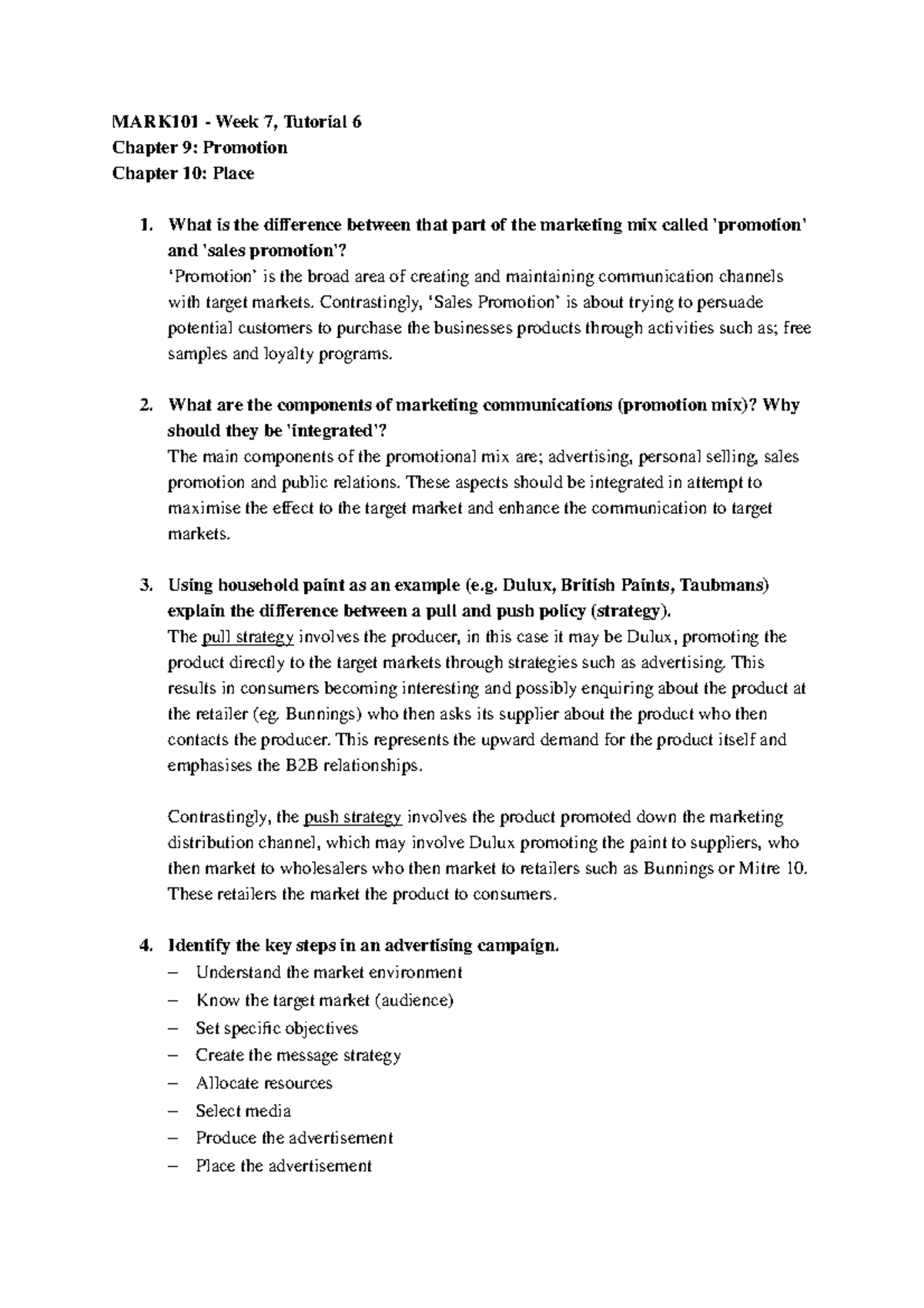 MARK101 W7 TT6 - tut - MARK101 - Week 7, Tutorial 6 Chapter 9 ...