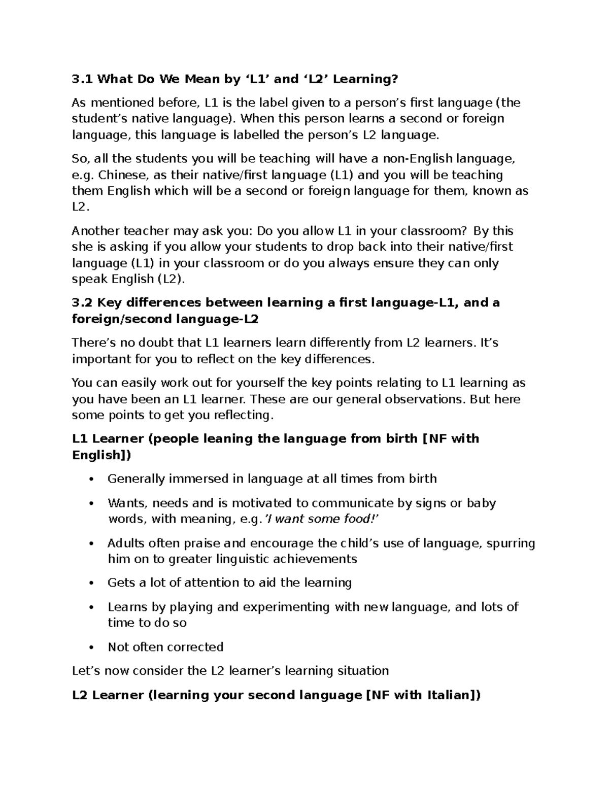 3.1 Understanding L1 and L2 Learning Differences in TEFL Contexts - Studocu