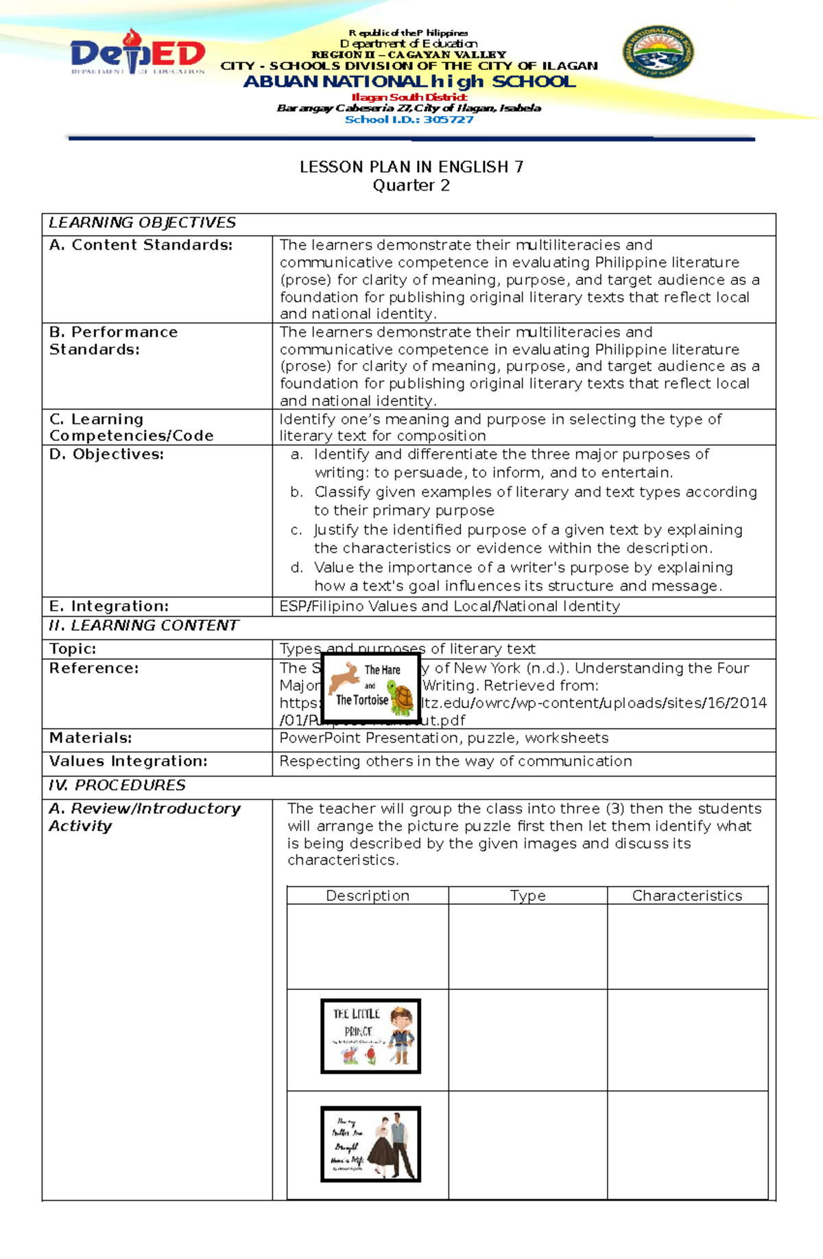 COT 2 - Lesson Plan in English 7: Evaluating Philippine Literature ...