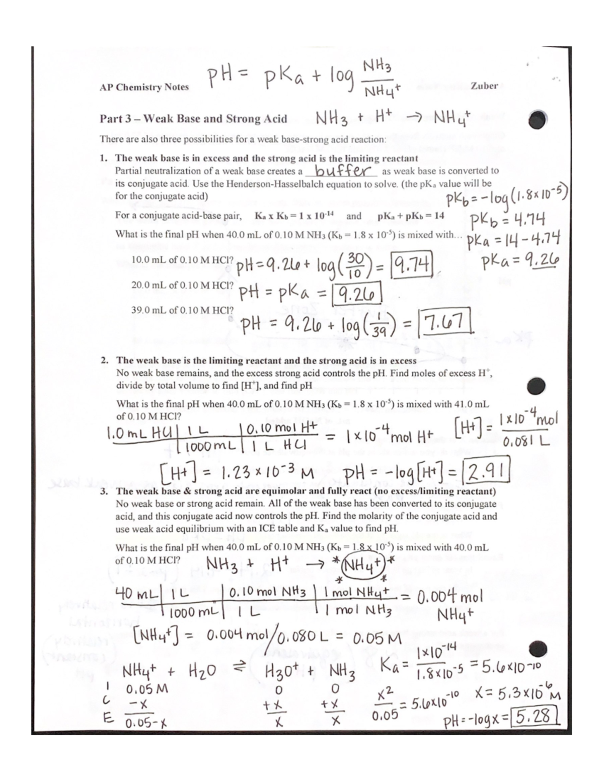 8.4+-+8.5+Weak+Base-Strong+Acid+Conpleted+Notes - pH NH3 AP Chemistry ...