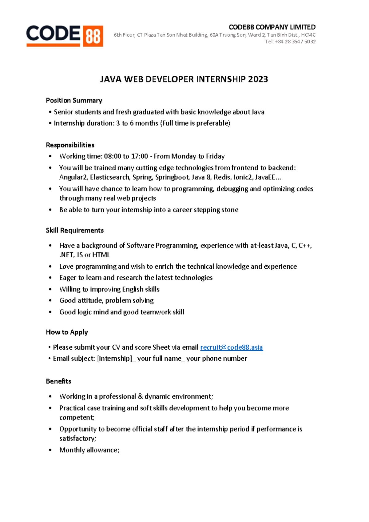 Code88 - JD Java Developer Intern ver 1 - CODE88 COMPANY LIMITED 6th ...