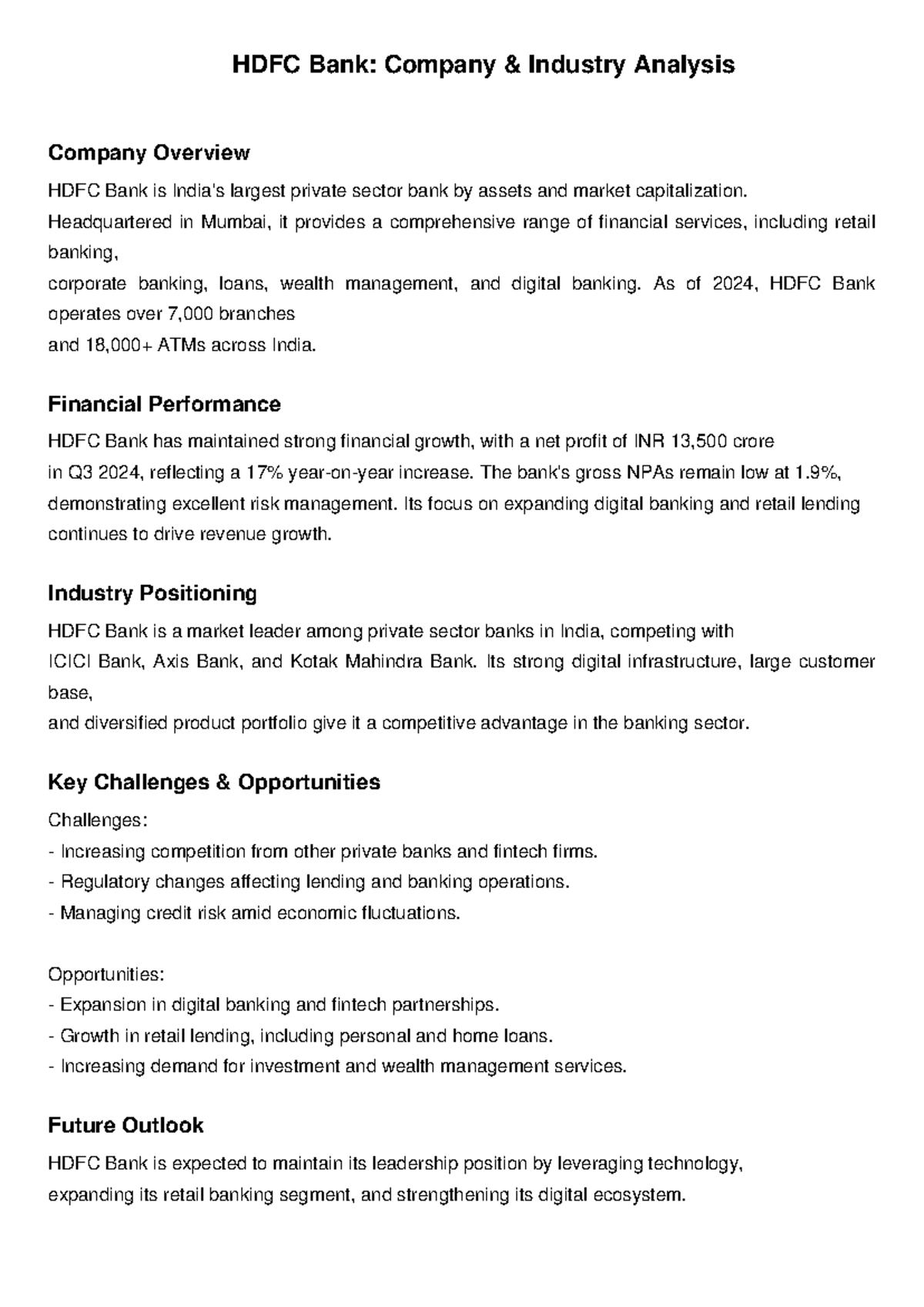 HDFC Bank Analysis - HDFC - HDFC Bank: Company & Industry Analysis ...